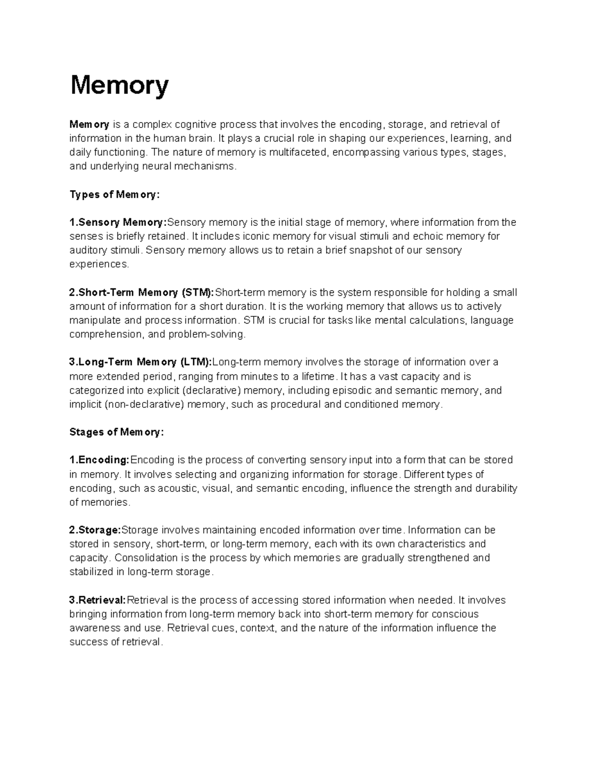 Memory - Summary Psychology program - Memory Memory is a complex ...
