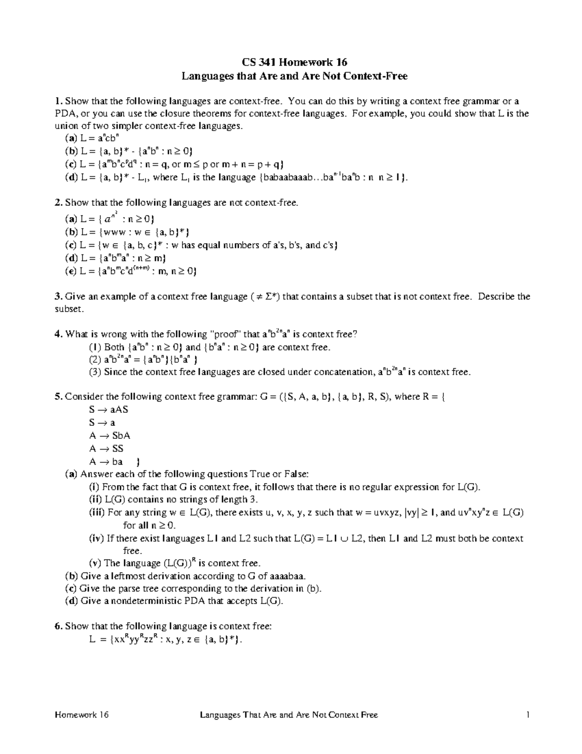 Home16CFGPumping - Lemma pumping - CS 341 Homework 16 Languages that Are and Are Not Context ...
