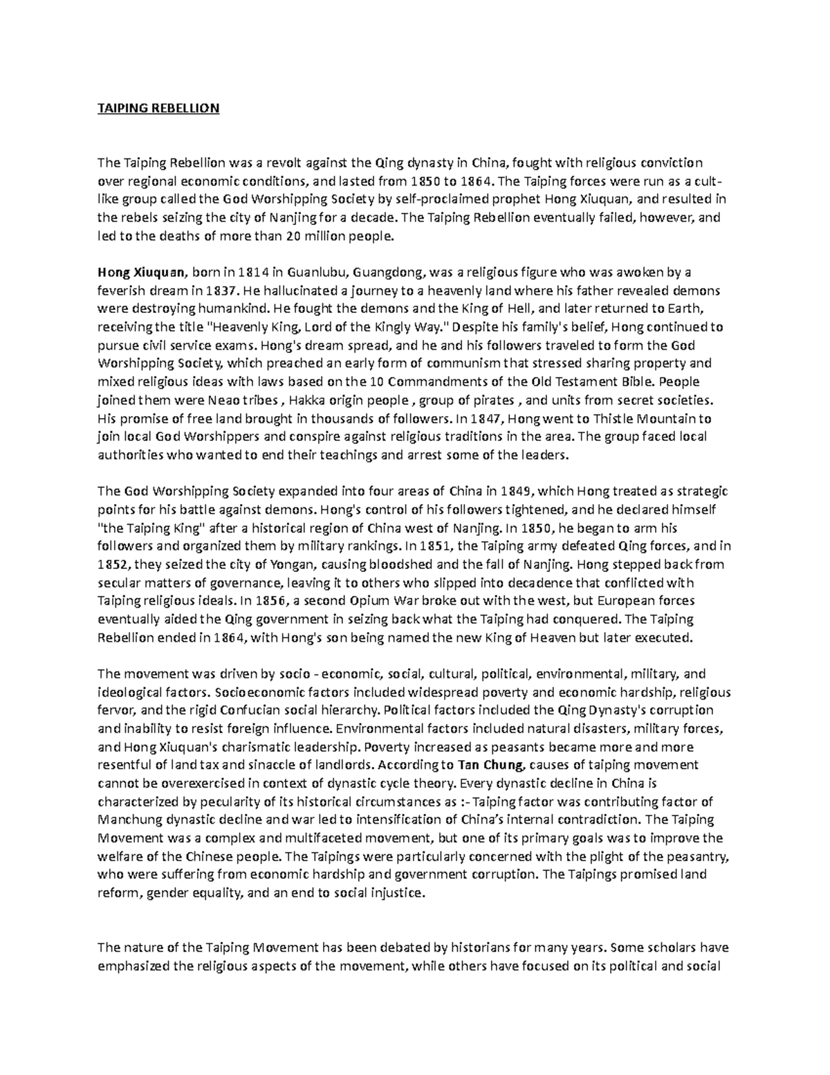 Taiping Rebellion test - TAIPING REBELLION The Taiping Rebellion was a ...