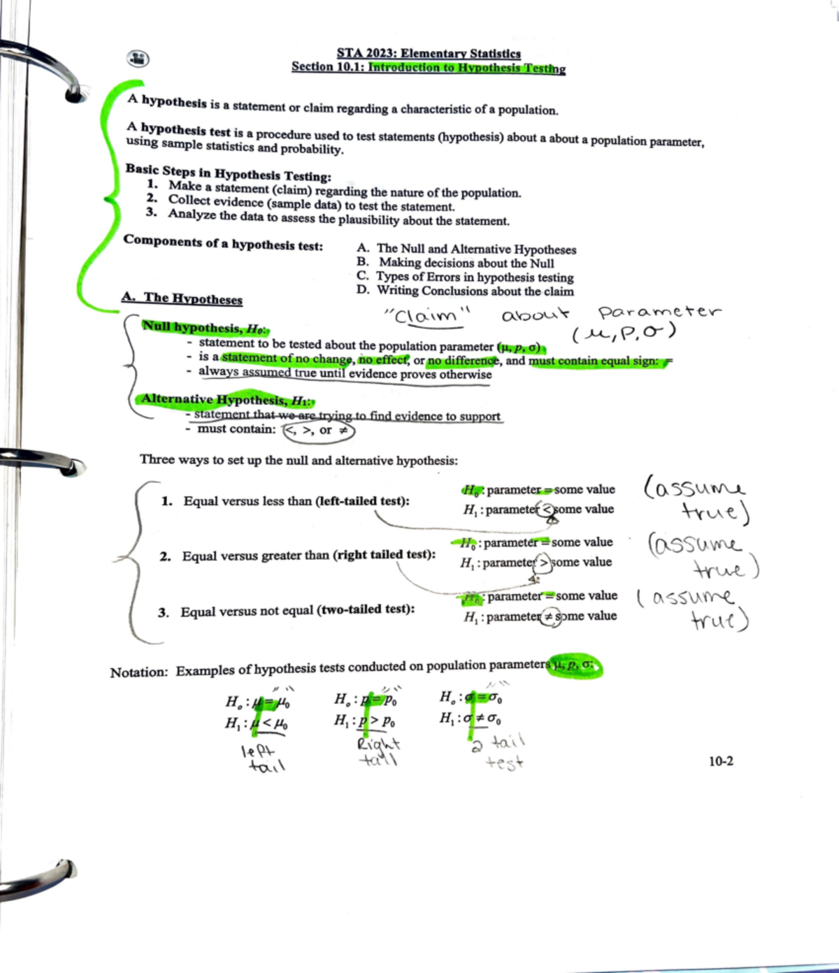 notes from lecture - STA 2023: Elementary Section 10: Introil ucft on o ...