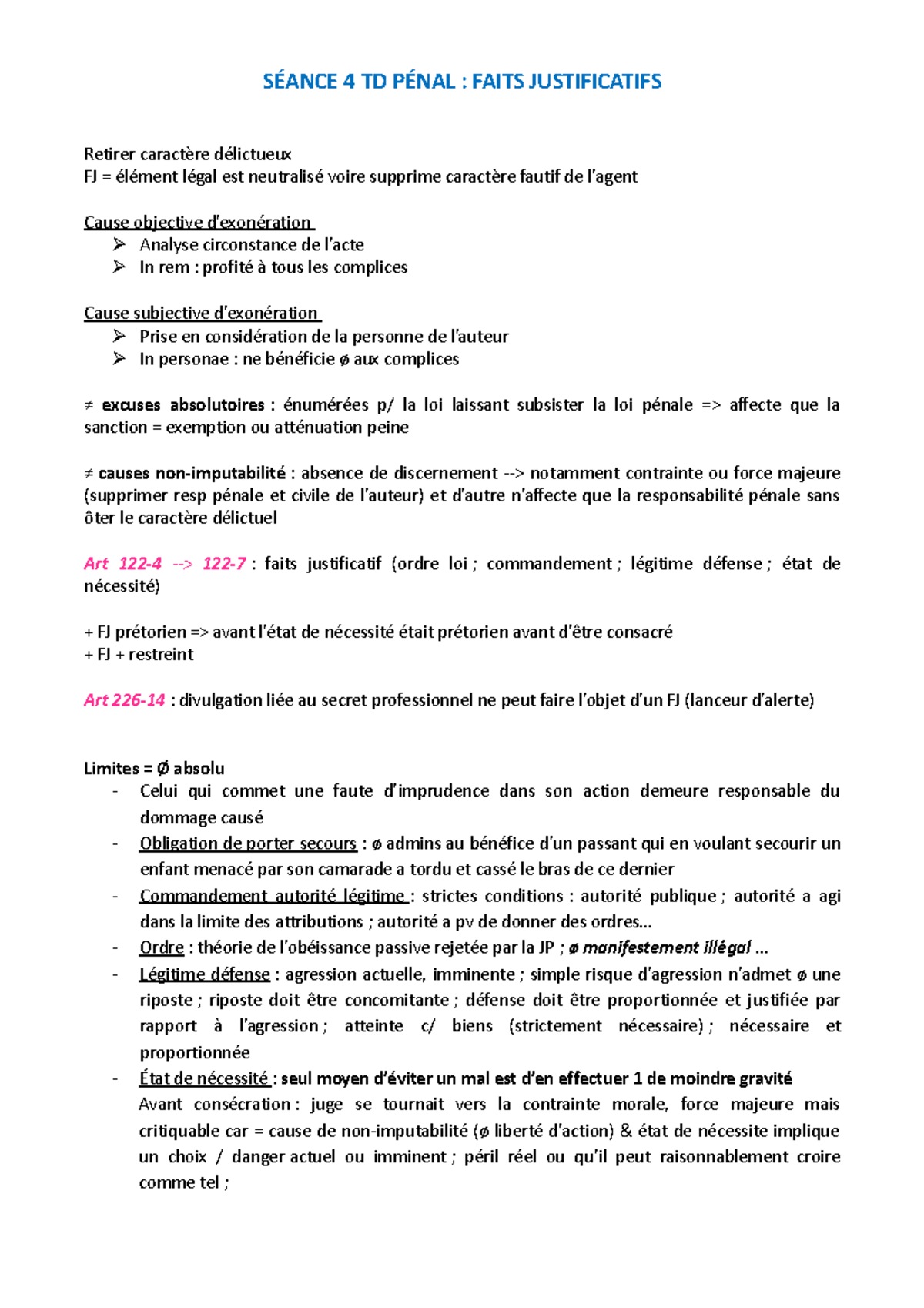 TD DPG SÉANCE 4 - td sur les faits justificatifs - SÉANCE 4 TD PÉNAL : FAITS JUSTIFICATIFS ...