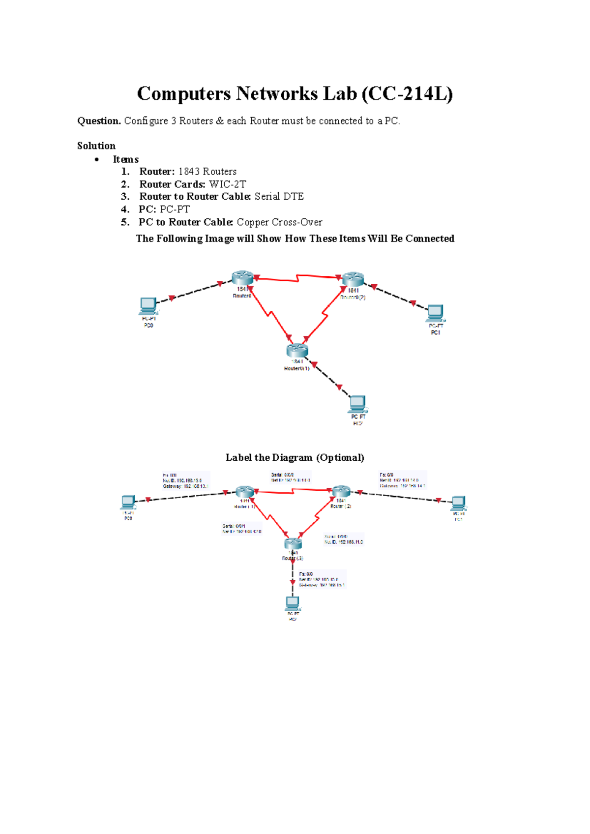 Computers Networks Lab (Configure 3 Routers) - Computers Networks Lab (CC-214L) Question ...