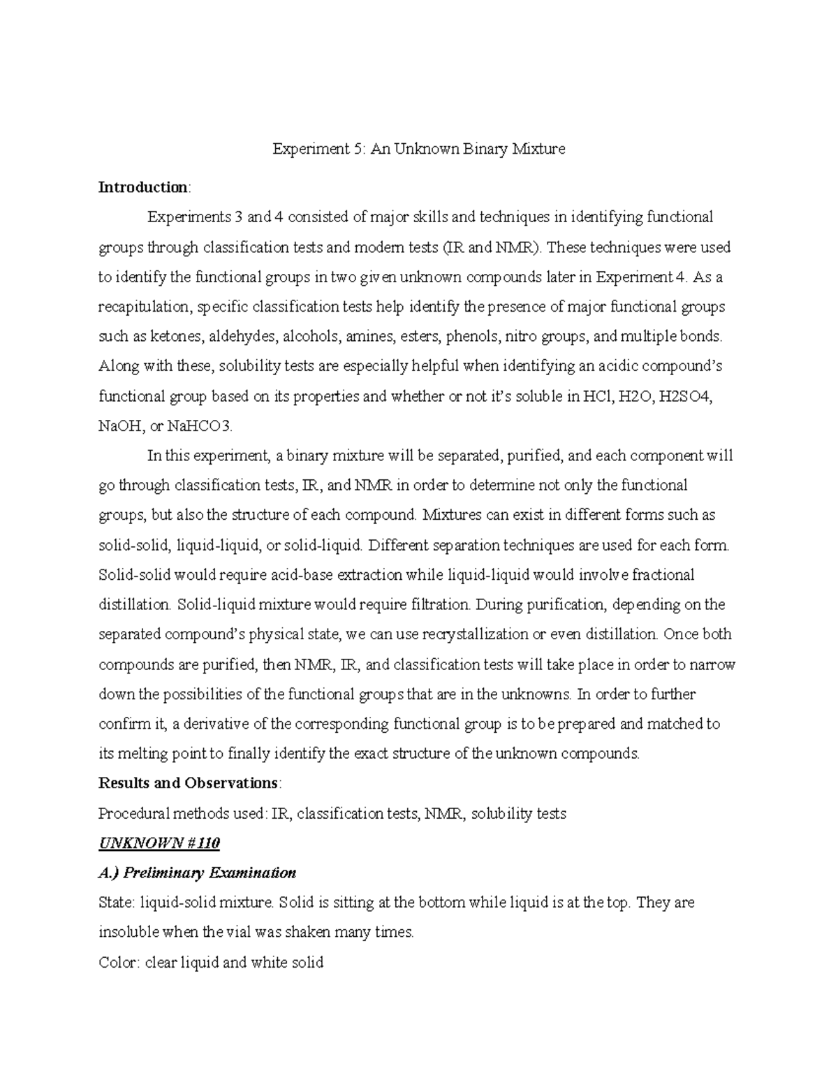 CHEM 225 Lab #5 - Experiment 5: An Unknown Binary Mixture - Experiment ...