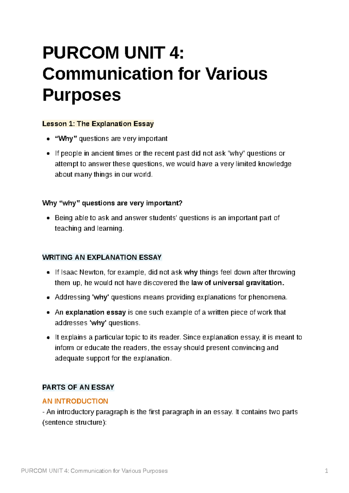 Purcom UNIT 4- Handouts - PURCOM UNIT 4: Communication for Various Purposes Lesson 1: The - Studocu