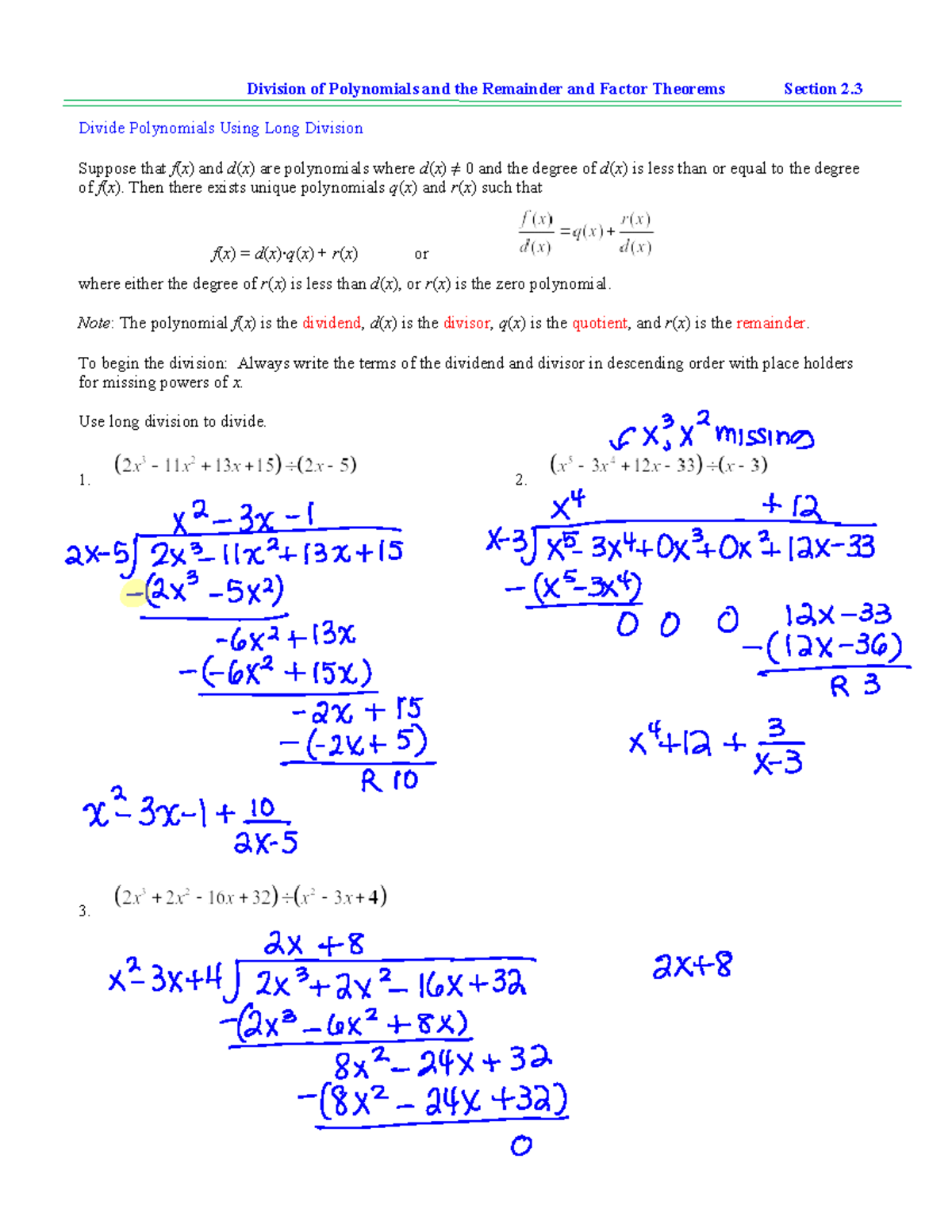 Division of Polynomials and the Remainder and Factor Theorems - Divide Polynomials Using Long ...
