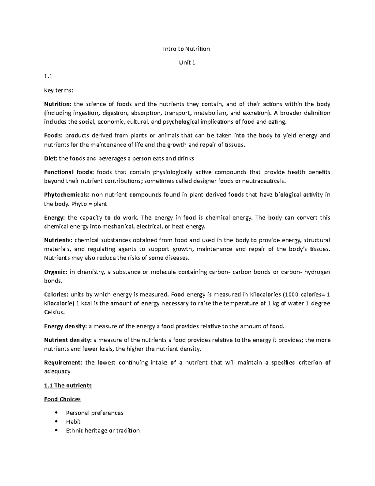 Nutrition Unit 1 - 7 (Ch1 - 9) - Intro to Nutrition Unit 1 1 Key terms ...
