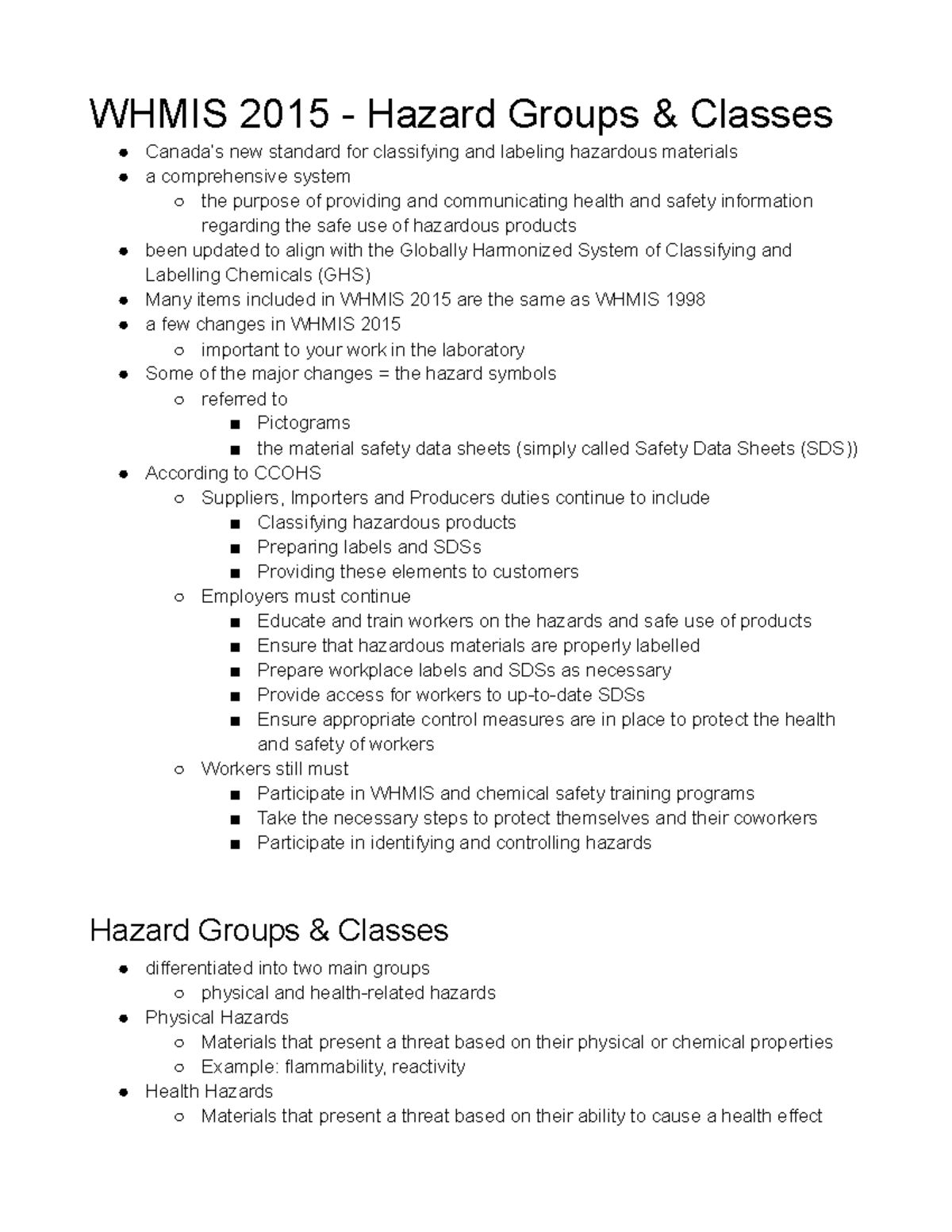 Lab Regulations Pt. 3.2 - WHMIS 2015 Hazard Groups Classes new standard ...