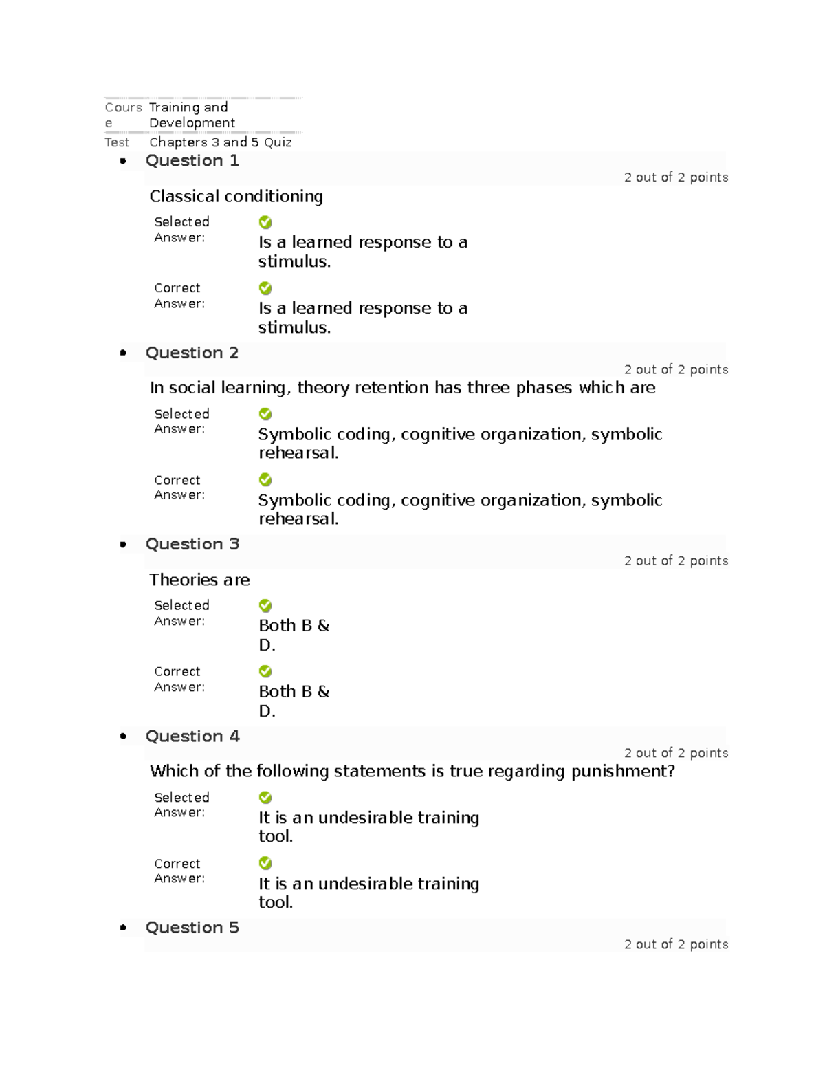 Training and Development Chapter 3 and 5 Quiz BUS407 - Cours e Training ...