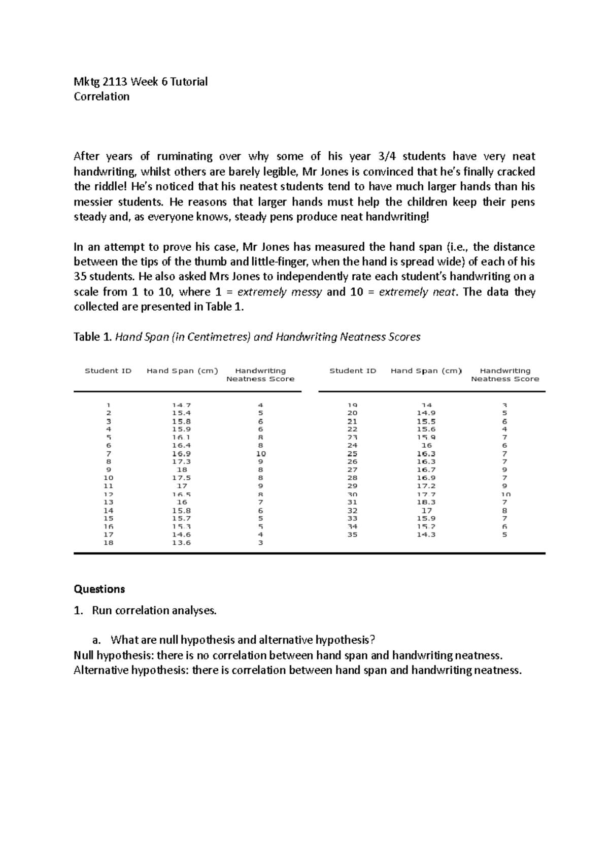 Week 6 Tutorial - In class materials answers - Mktg 2113 Week 6 Tutorial Correlation After years ...