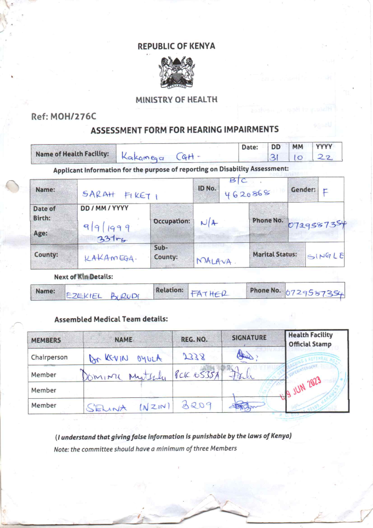 Medical Report - ADD - REPUBLIC OF KENYA MINISTRY OF HEALTH Ref ...