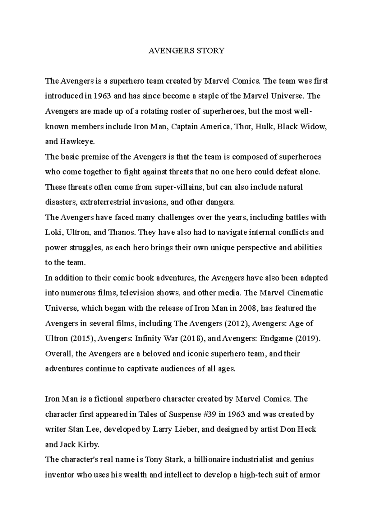 Avengers Story - AVENGERS STORY The Avengers is a superhero team ...