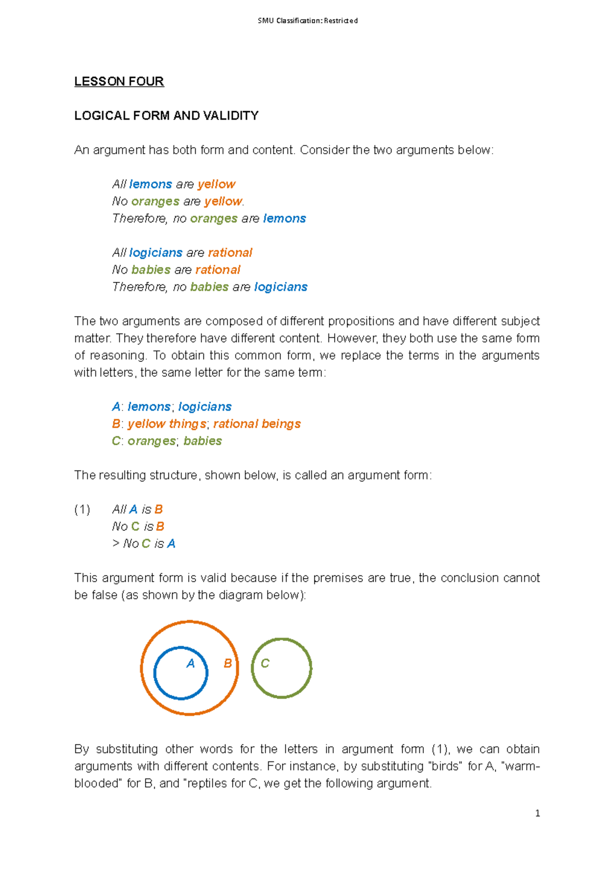 Lesson FOUR - notes by prof - LESSON FOUR LOGICAL FORM AND VALIDITY An ...