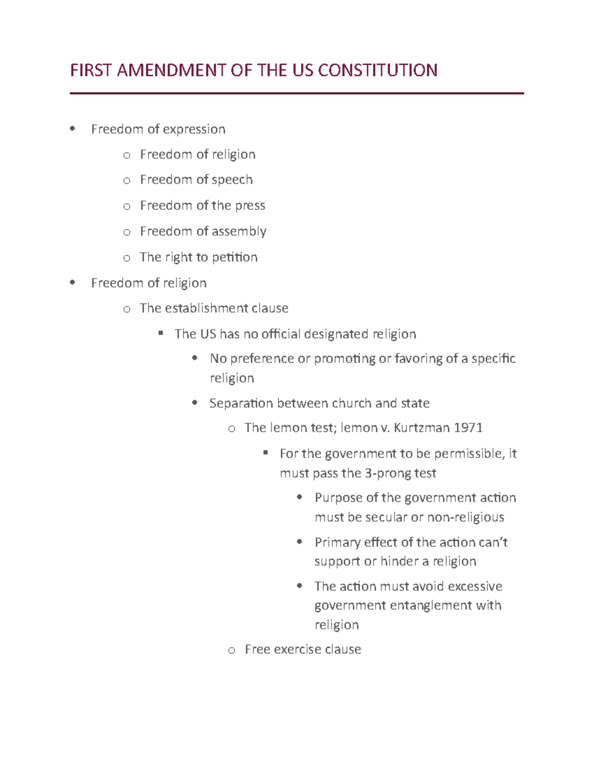 First amendment of us const - FIRST AMENDMENT OF THE US CONSTITUTION ...