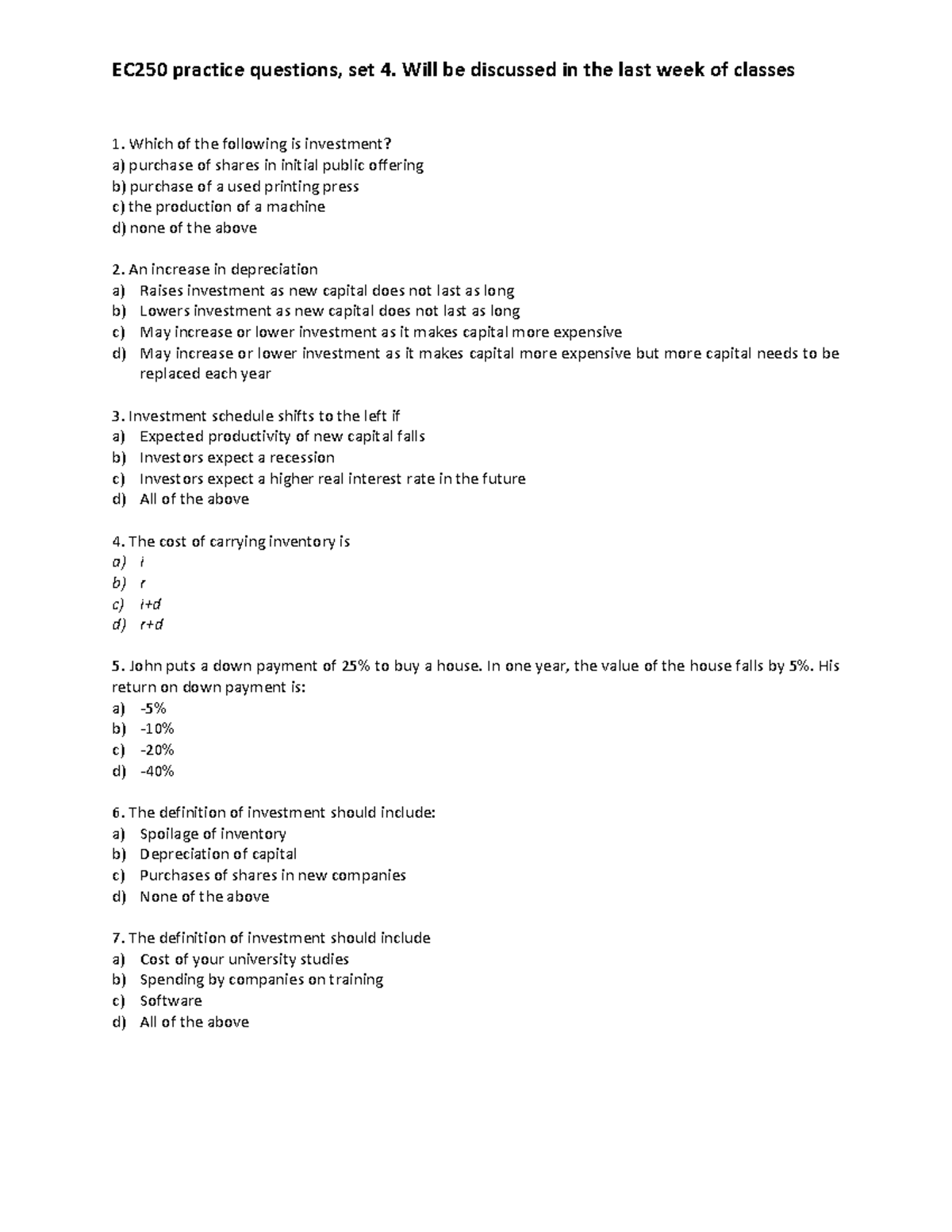 ECO250 practice questions set 4 - Will be discussed in the last week of ...