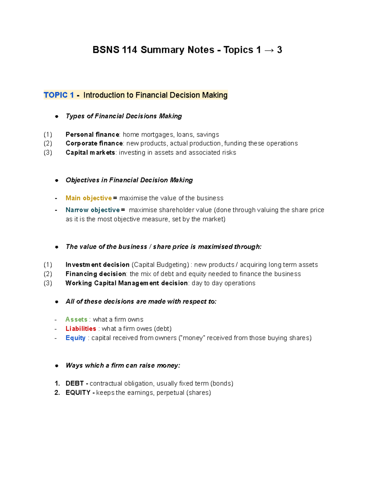 BSNS114 - Topics Summaries 1,2,3 - Year 2020 (2022 content) - BSNS 114 ...