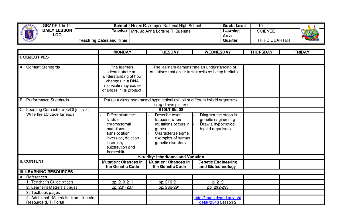 DLL MOD. 2 PART 2 3RD QRTR G10 - MONDAY TUESDAY WEDNESDAY THURSDAY FRIDAY I. OBJECTIVES A ...