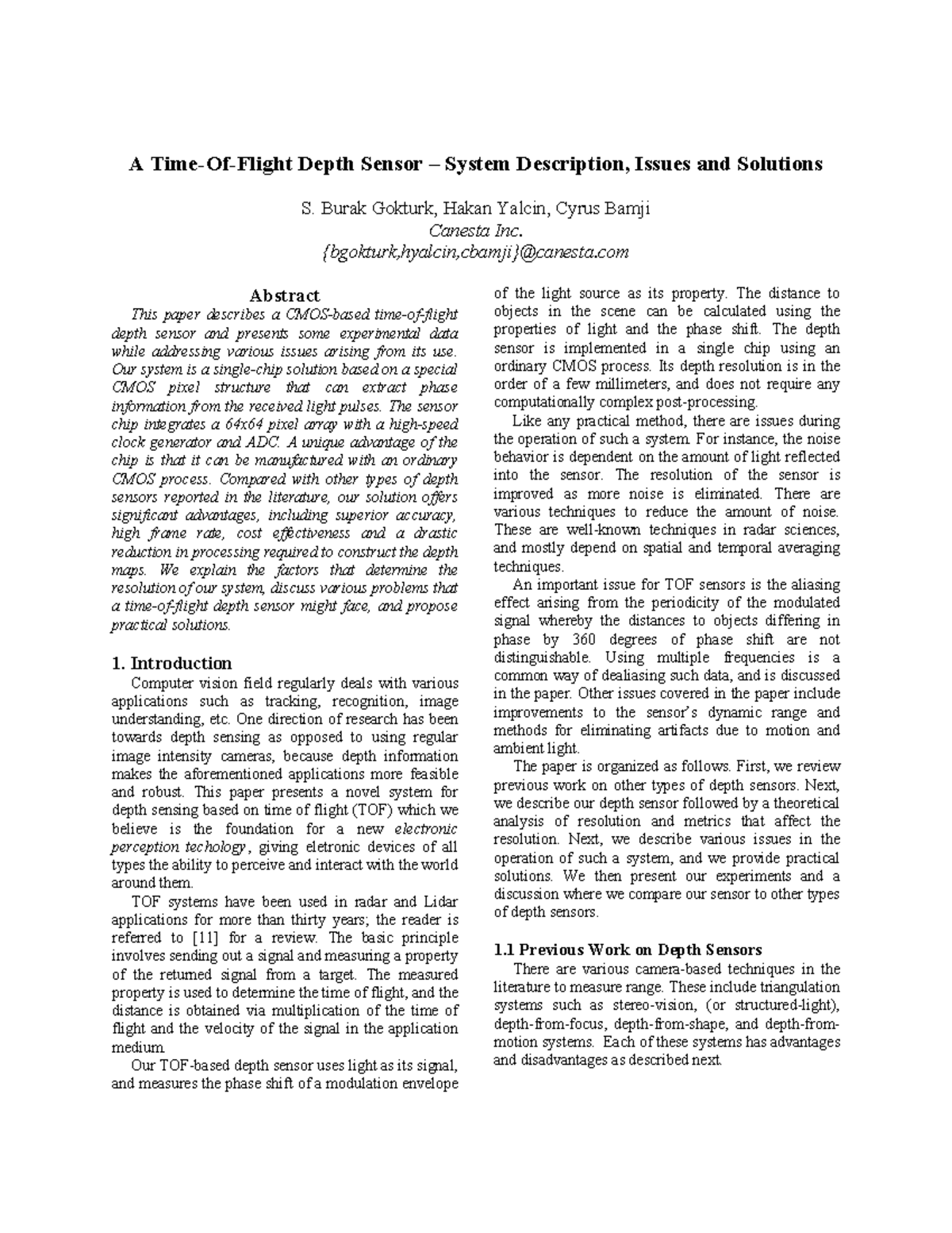 A Time-Of-Flight Depth Sensor - Burak Gokturk, Hakan Yalcin, Cyrus Bamji Canesta Inc. - Studocu