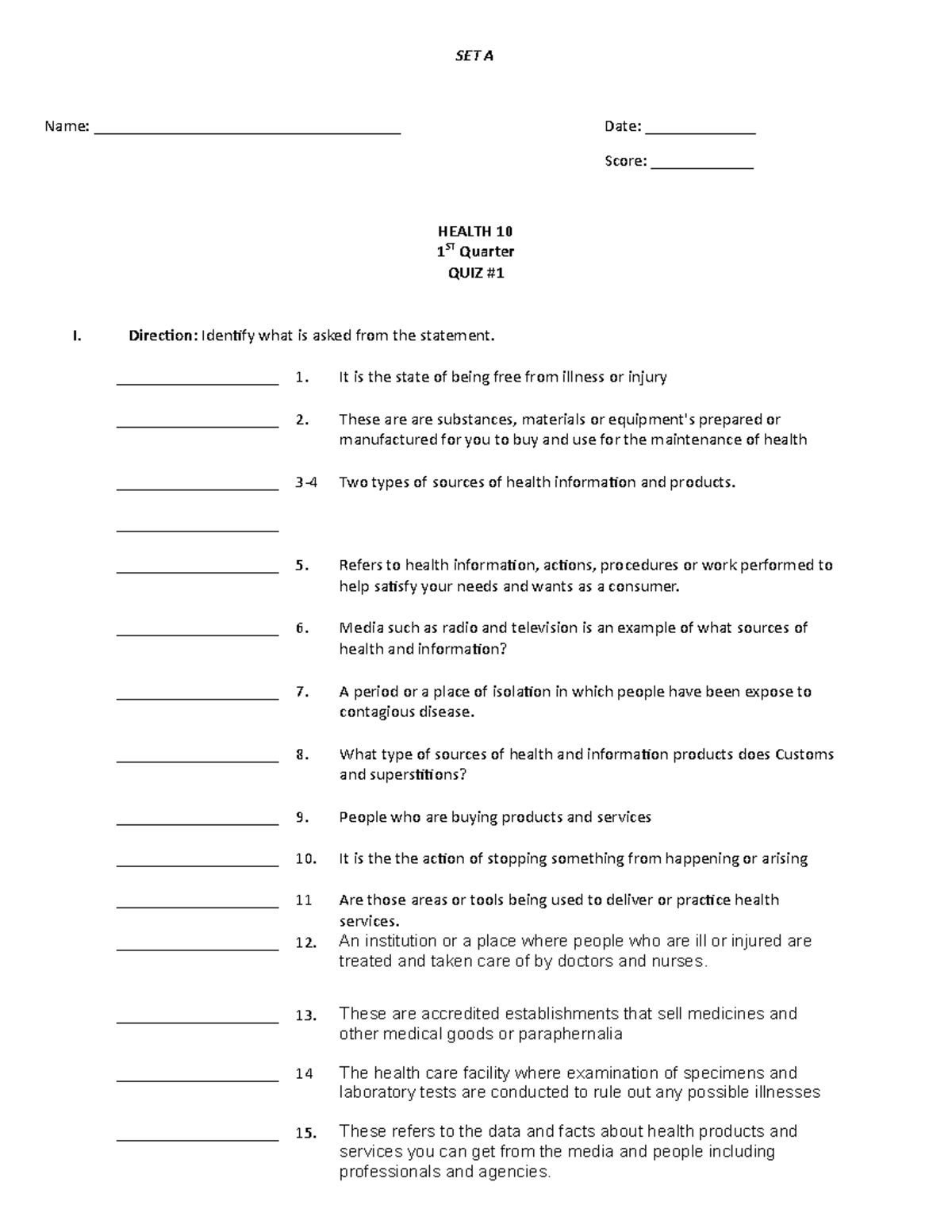 Health 10-quiz 1-printing - SET A Name ...
