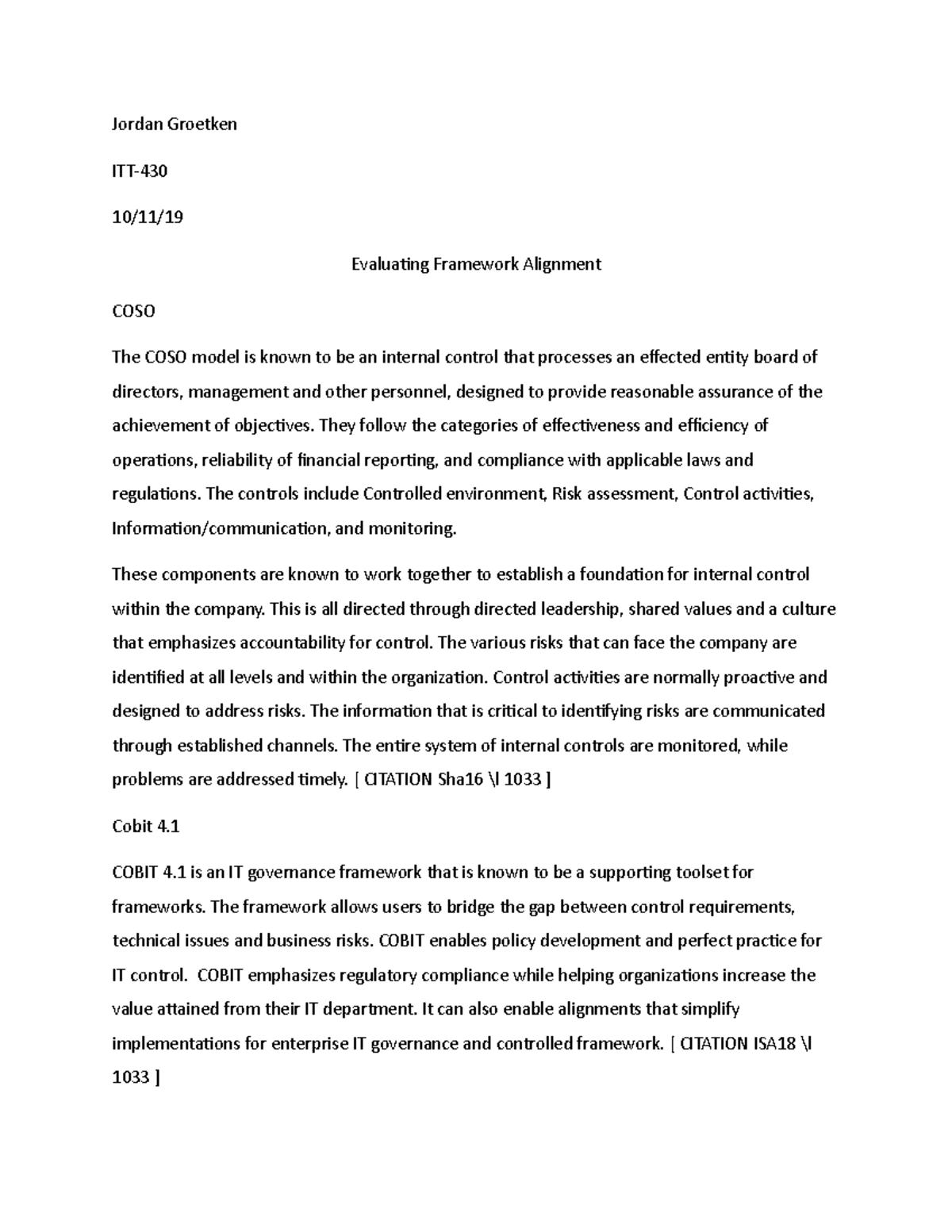 Evaluating Framework Alignment - Jordan Groetken ITT- 10/11/ Evaluating Framework Alignment COSO ...