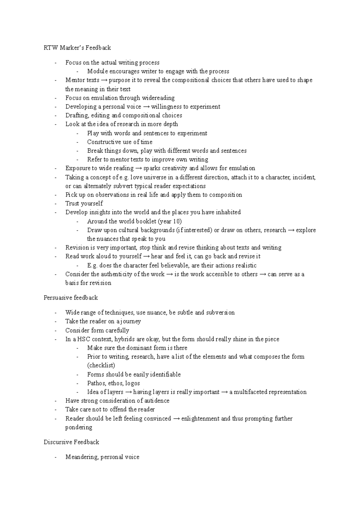 RTW Feedback - RTW Marker’s Feedback - Focus on the actual writing ...