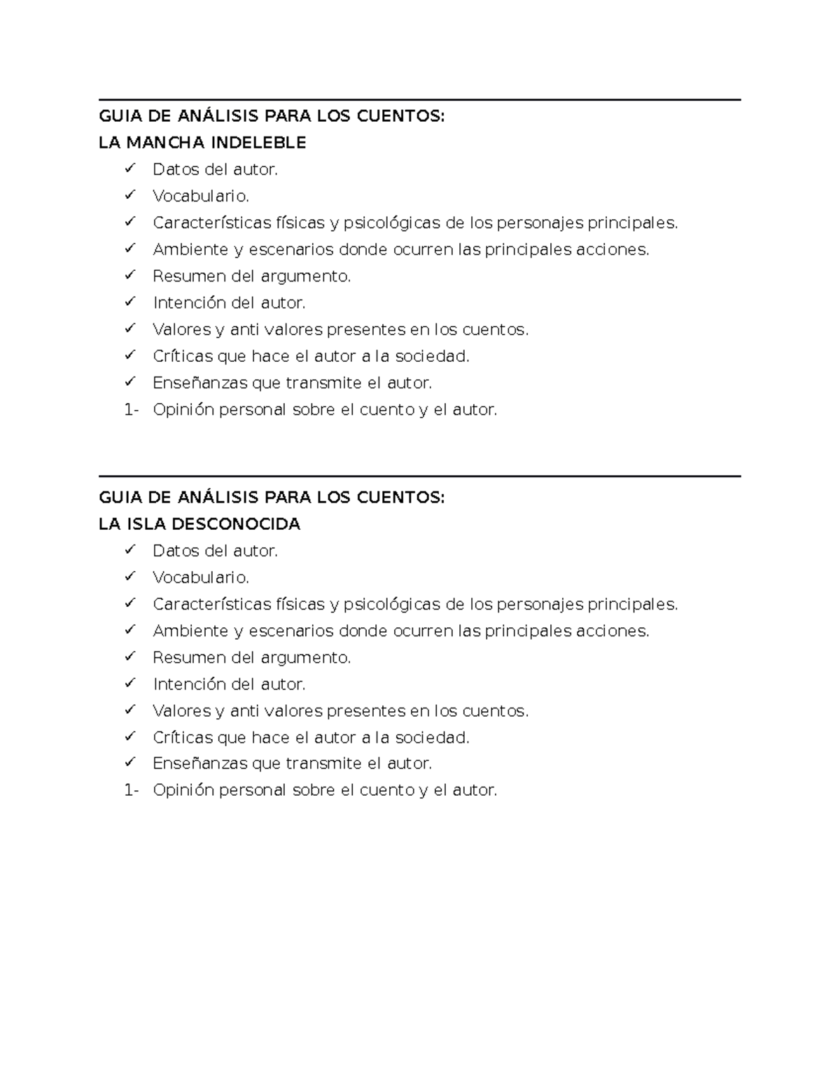 Guia cuentos español - ..... - GUIA DE ANÁLISIS PARA LOS CUENTOS: LA ...