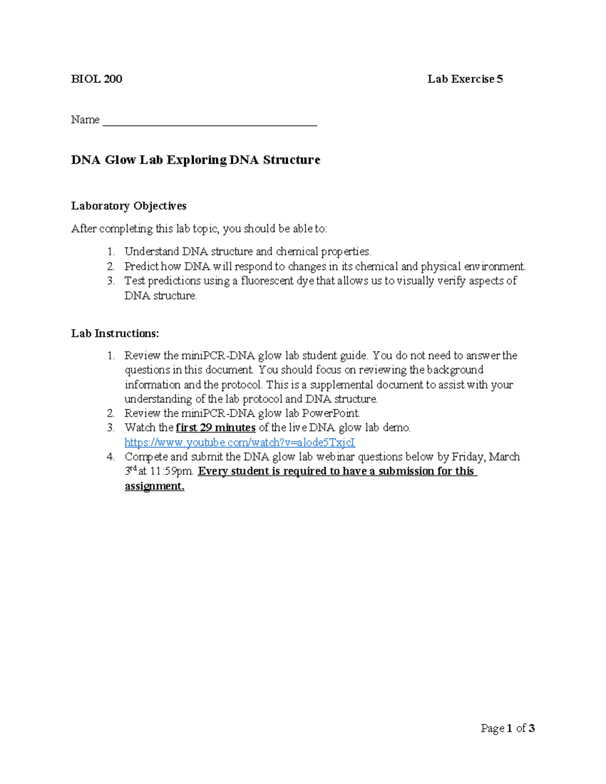 BIOL 200 Lab exercise-5-DNA Glow Lab - BIOL 200 Lab Exercise 5 Name - Studocu