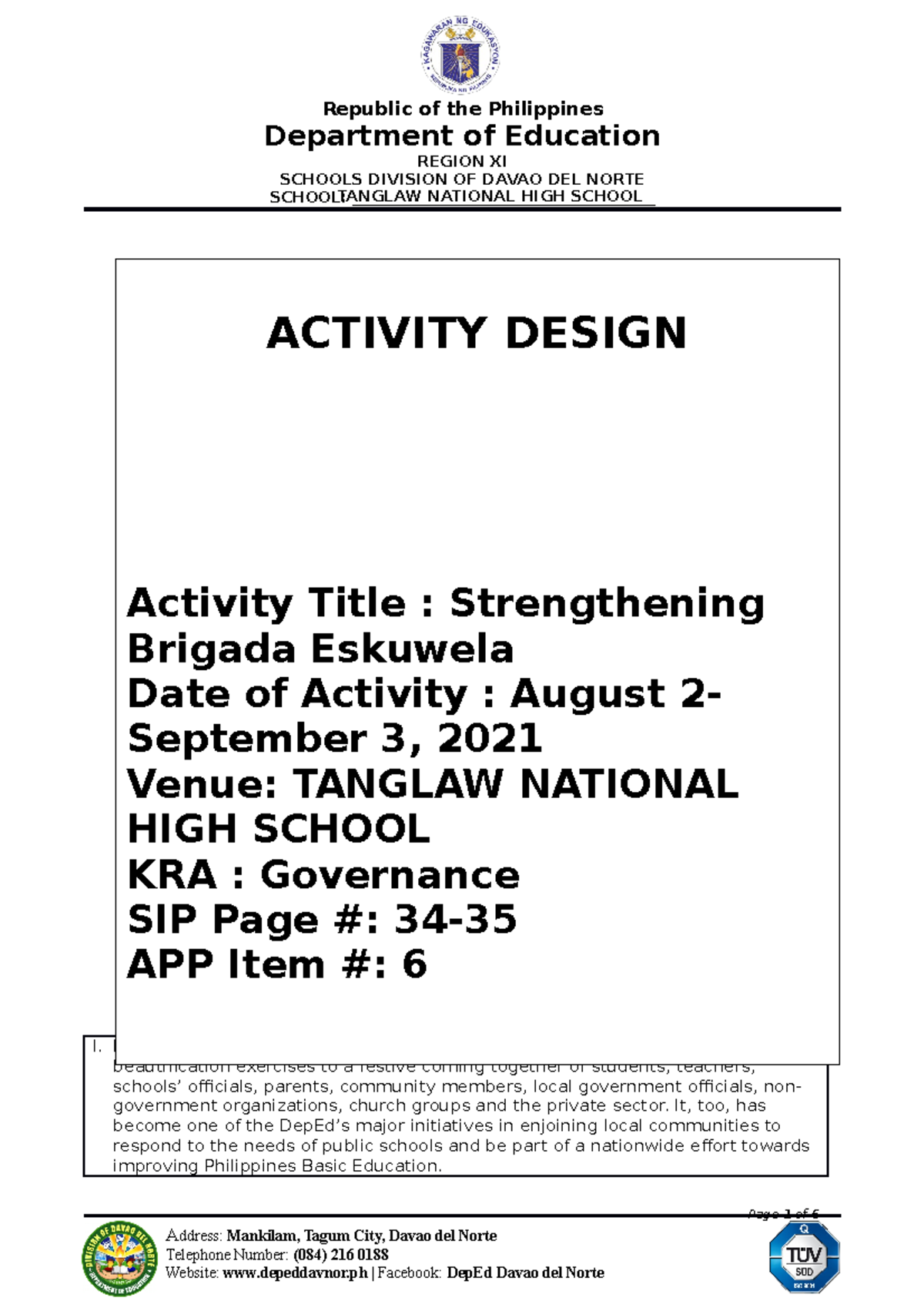 Activity Design BE 2021 - Republic of the Philippines Department of ...