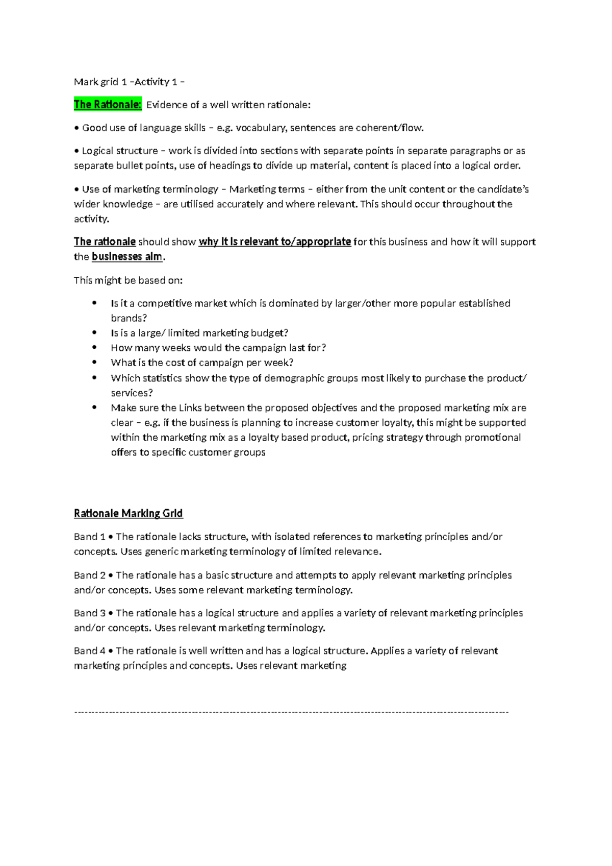 Helpsheet Unit 2 - Mark grid 1 –Activity 1 – The Rationale: Evidence of ...