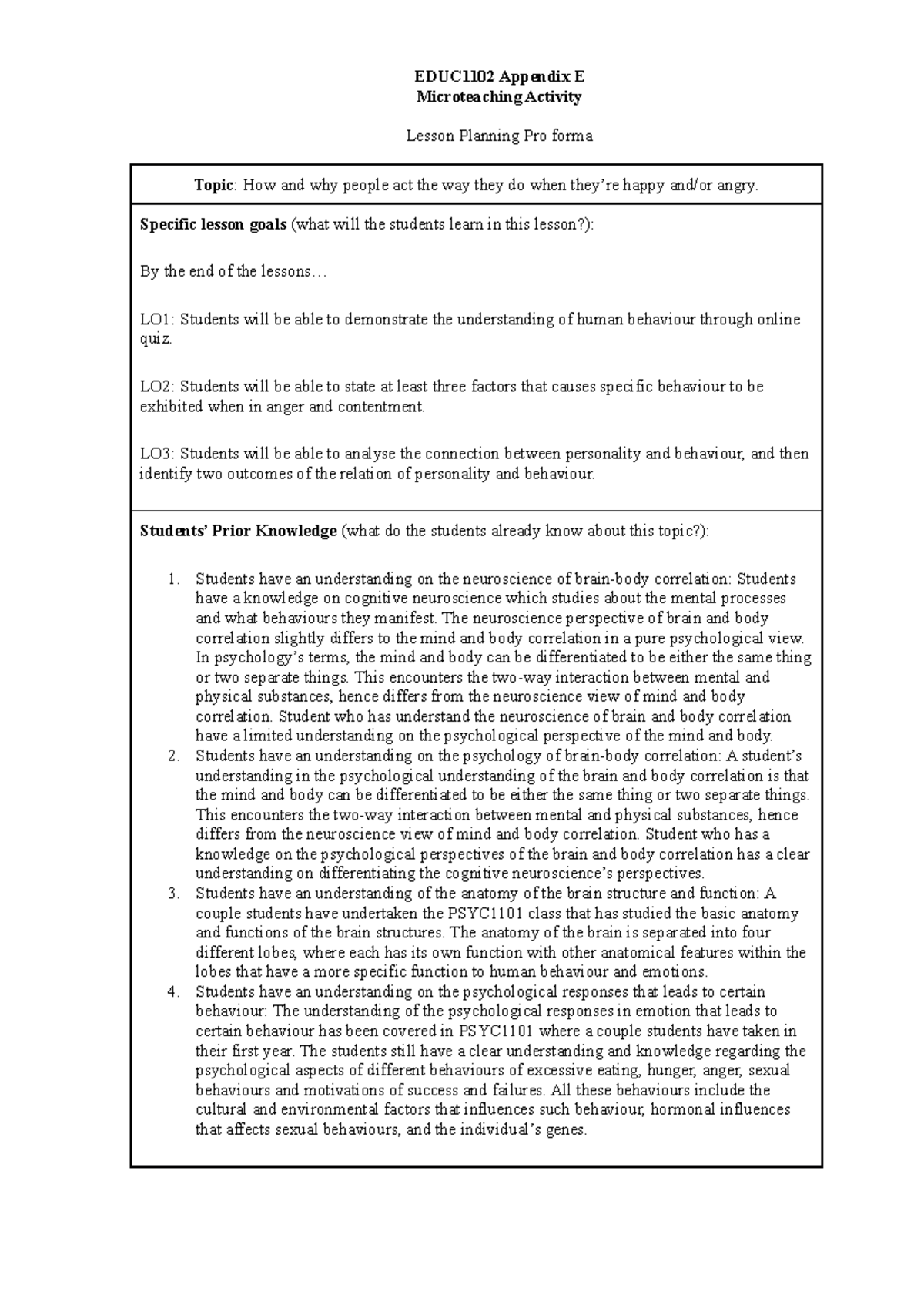 Appendix D Answer Material 2018 - EDUC1102 Appendix E Microteaching ...