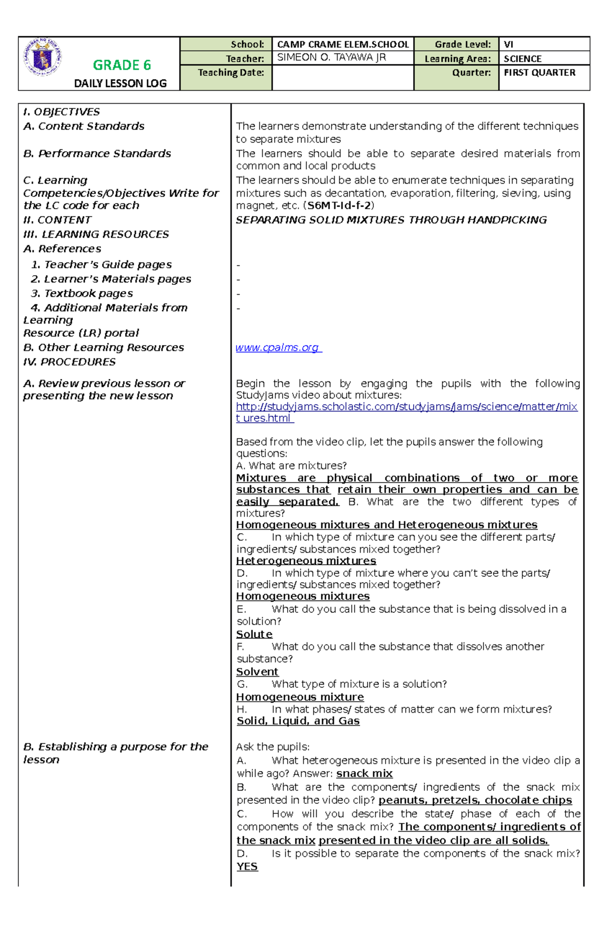 Grade 6- Separating Mixtures Through Handpicking, Sieving, Winnowing ...