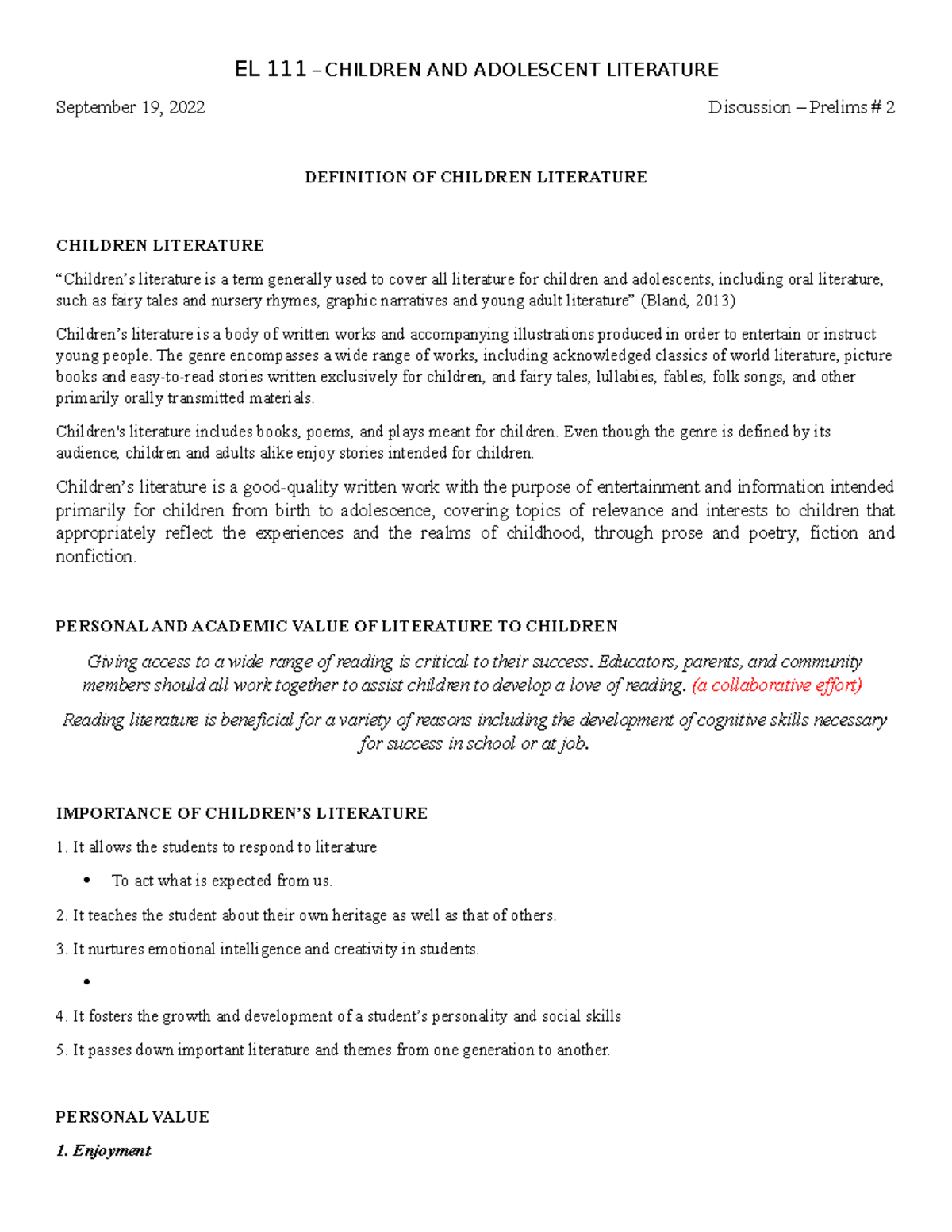 2 EL 111 - Definition of Children Literature - EL 111 – CHILDREN AND ...