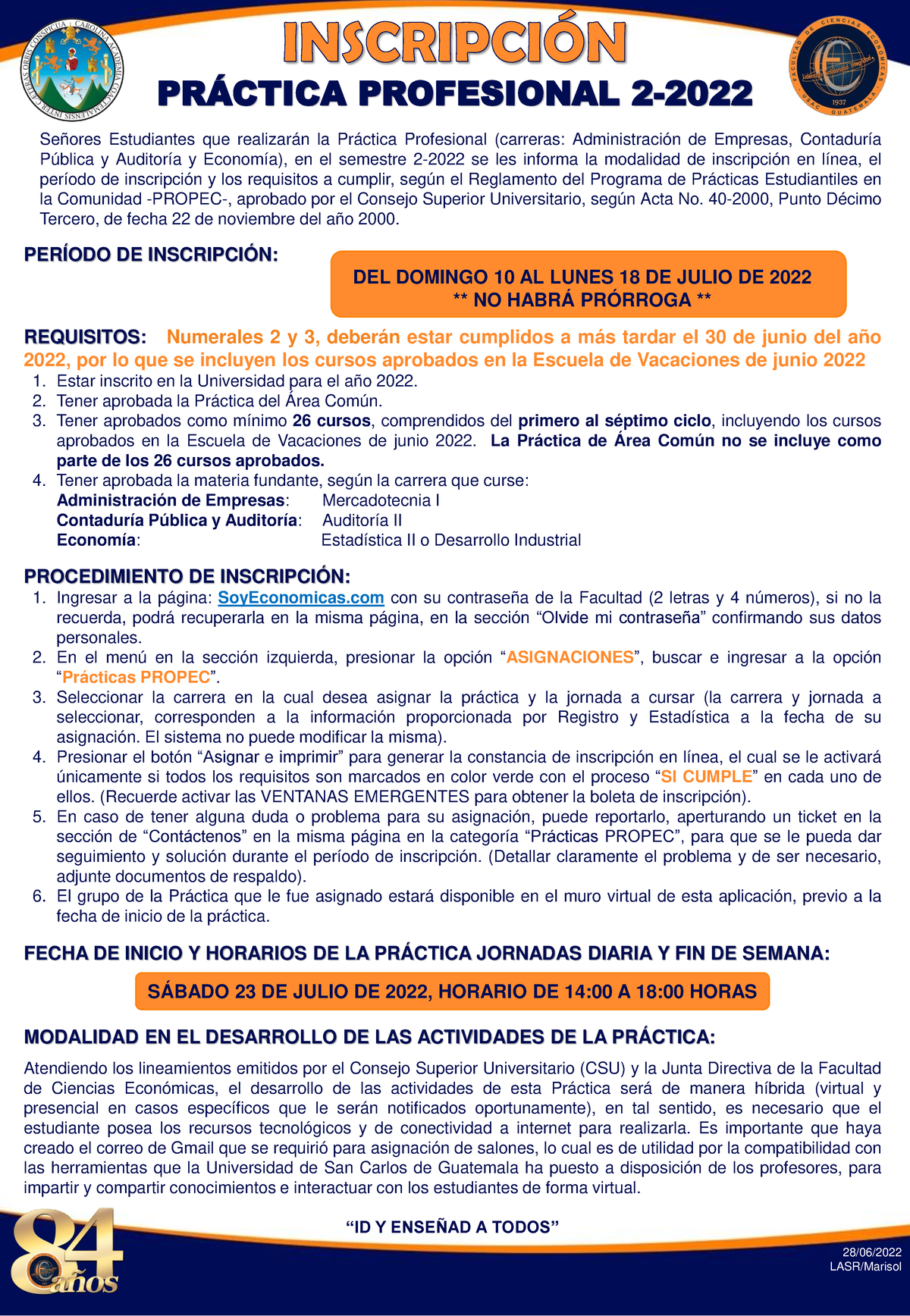 Inscripción Práctica Profesional 2 2022 - PRÁCTICA PROFESIONAL 2- 2022 28/06/ LASR/Marisol ...
