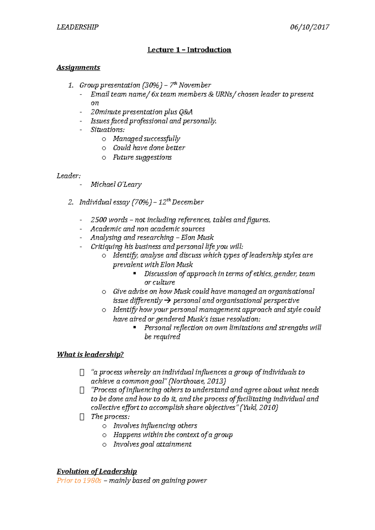 Lecture 1 – Introduction - LEADERSHIP 06/10/ Lecture 1 – Introduction ...
