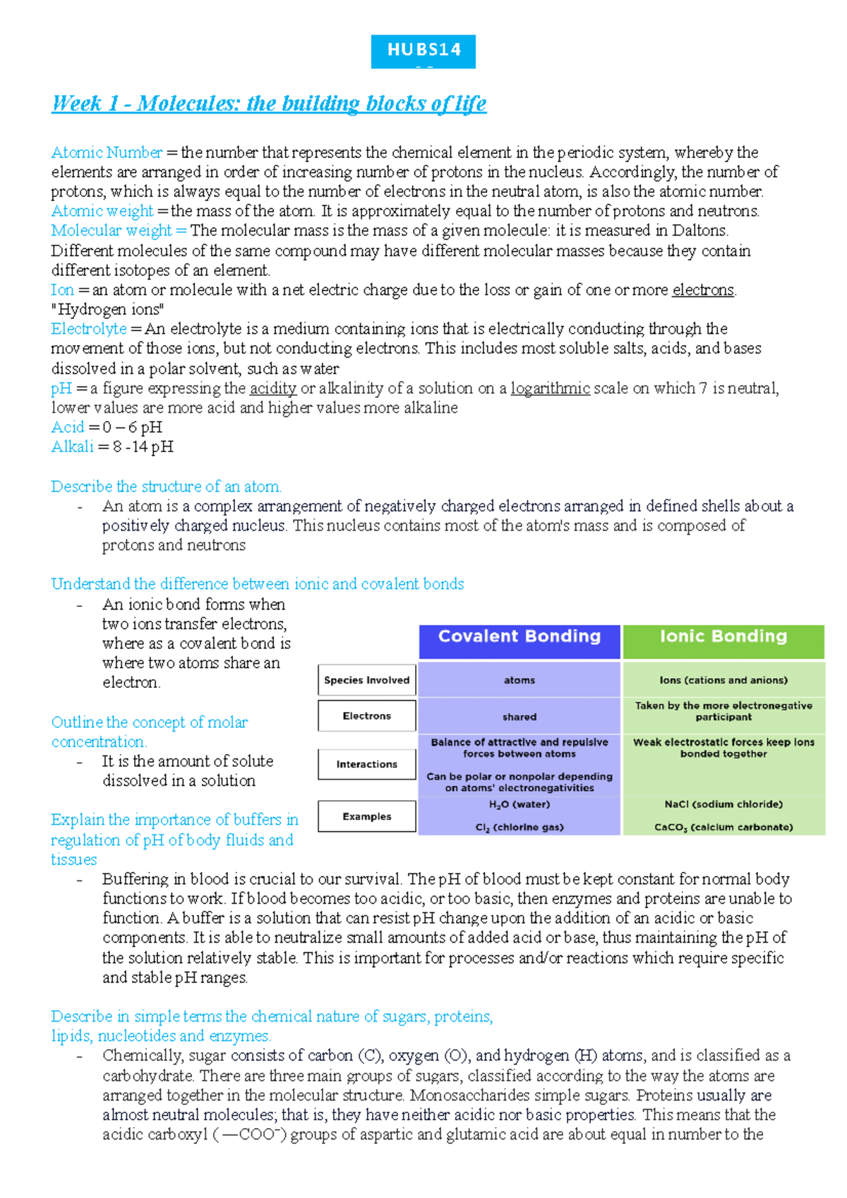 HUBS MAIN Document - Summary - Week 1 - Molecules: the building blocks ...