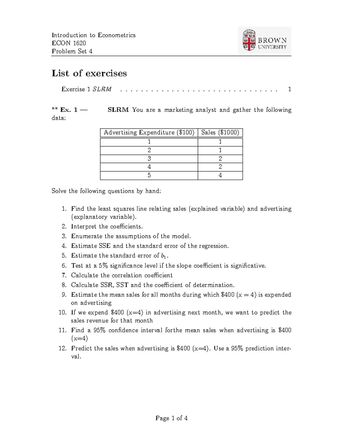 Problem Set 4 Solutions - ECON 1620 Problem Set 4 List of exercises Exercise - Studocu