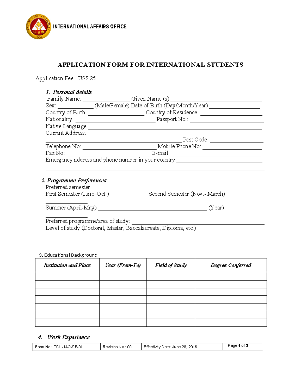 Application form for international students - INTERNATIONAL AFFAIRS ...