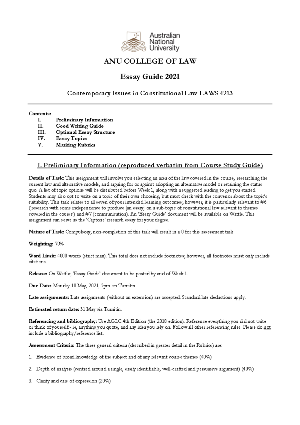 Essay Guide 2021 - ANU COLLEGE OF LAW Essay Guide 2021 Contemporary ...