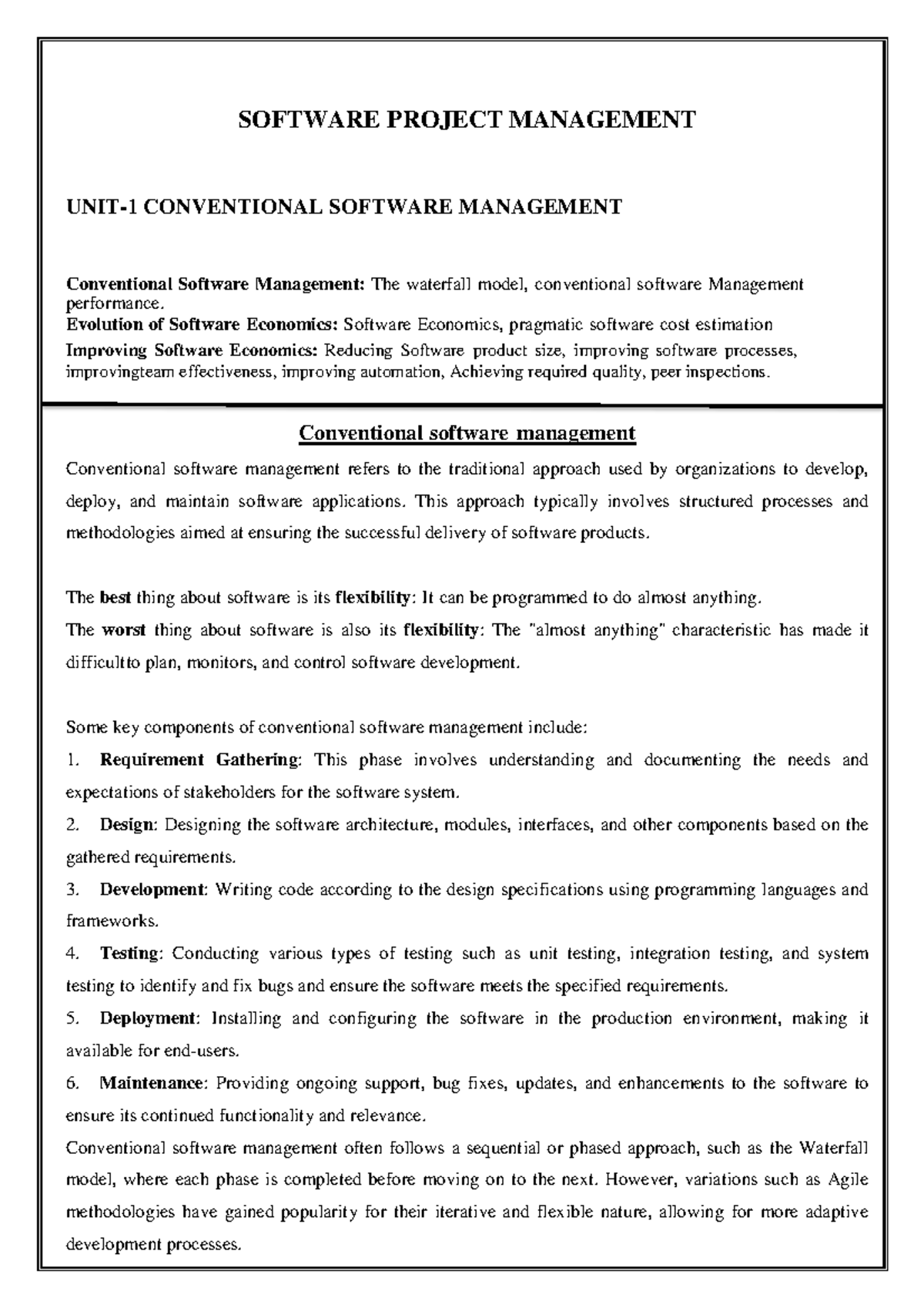 UNIT-1 - SOFTWARE PROJECT MANAGEMENT UNIT-1 CONVENTIONAL SOFTWARE ...