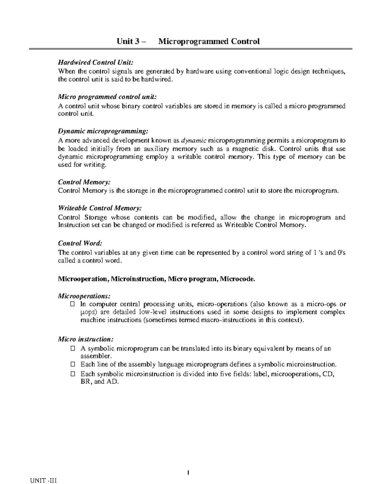 Unit-3 - 1 Unit 3 – Microprogrammed Control Hardwired Control Unit ...