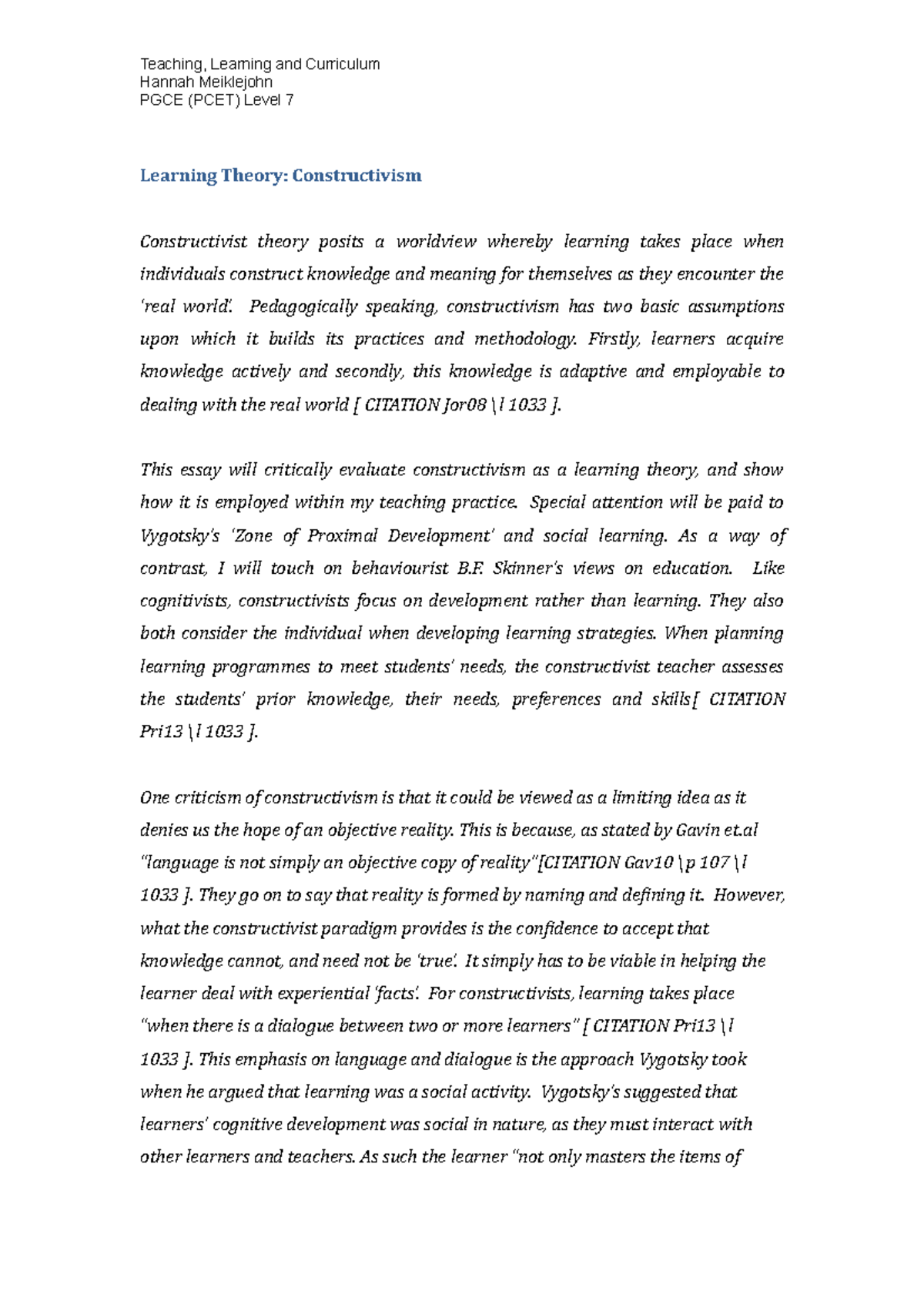 Learning Theory Constructivism - Hannah Meiklejohn PGCE (PCET) Level 7 ...