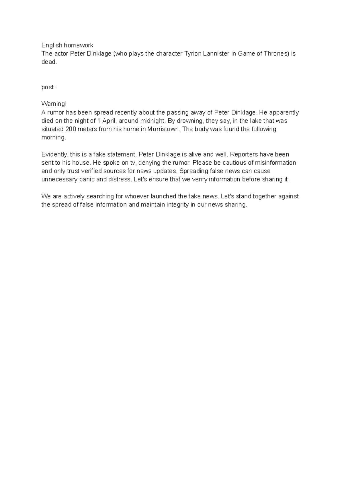 Fake news stories - une fake news story - English homework The actor ...