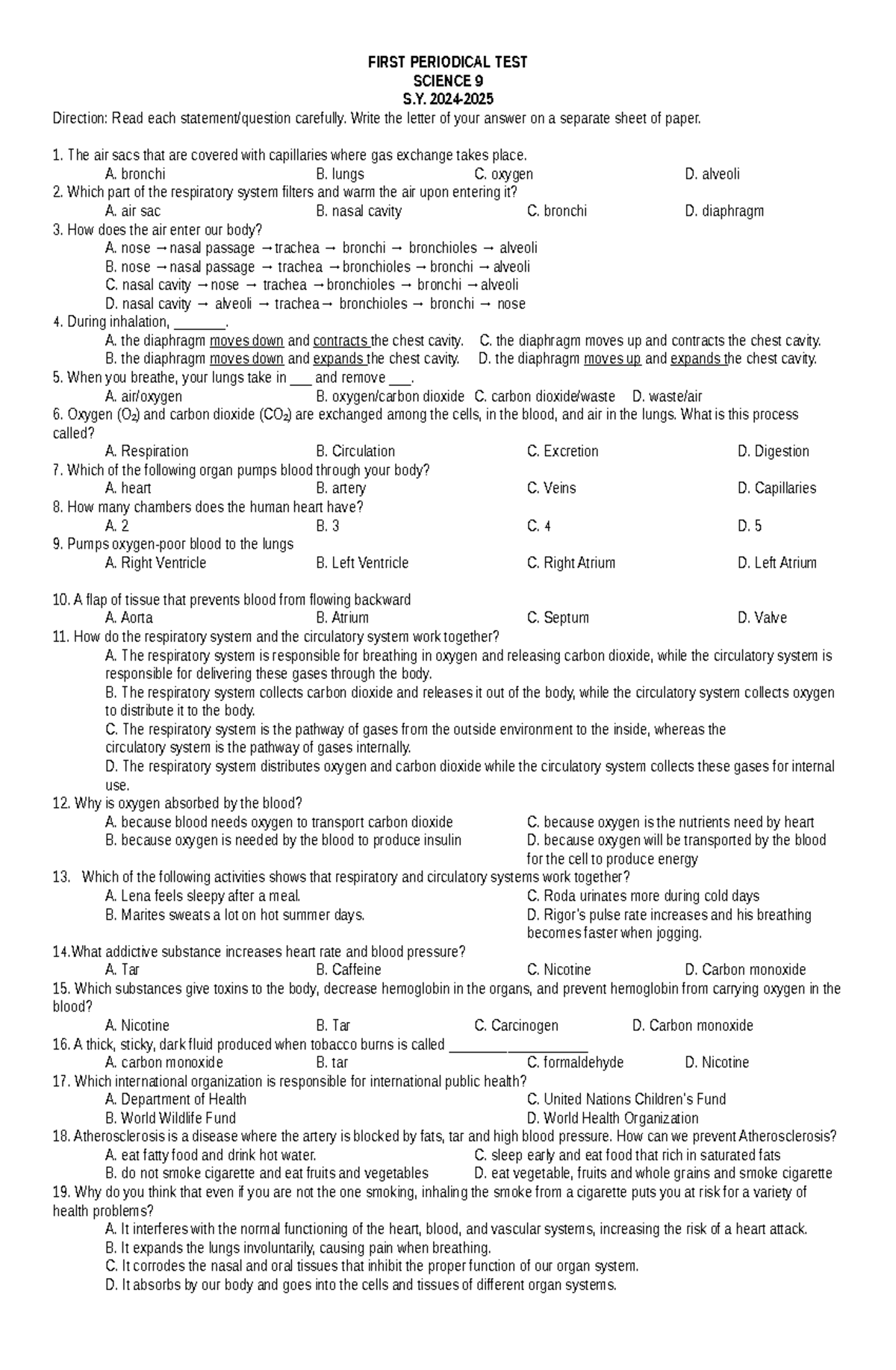 First Periodical TEST - FIRST PERIODICAL TEST SCIENCE 9 S. 2024 ...