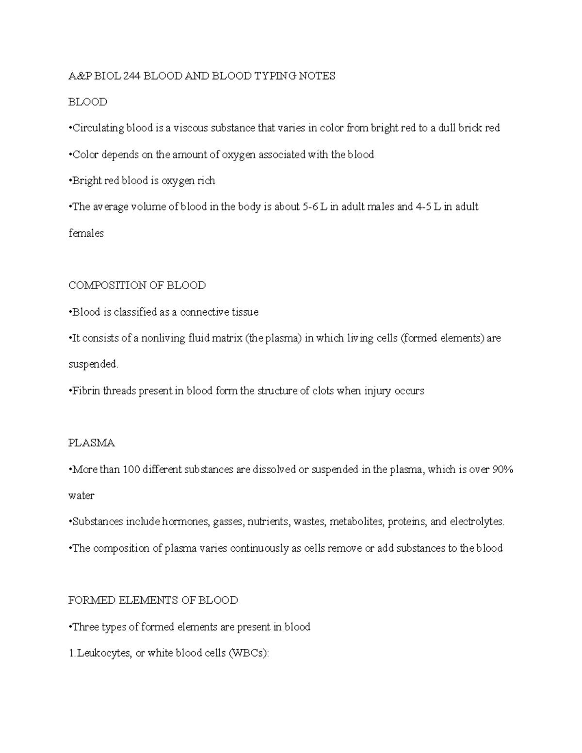 BIOL 244 Blood AND Blood Typing Notes - A&P BIOL 244 BLOOD AND BLOOD ...