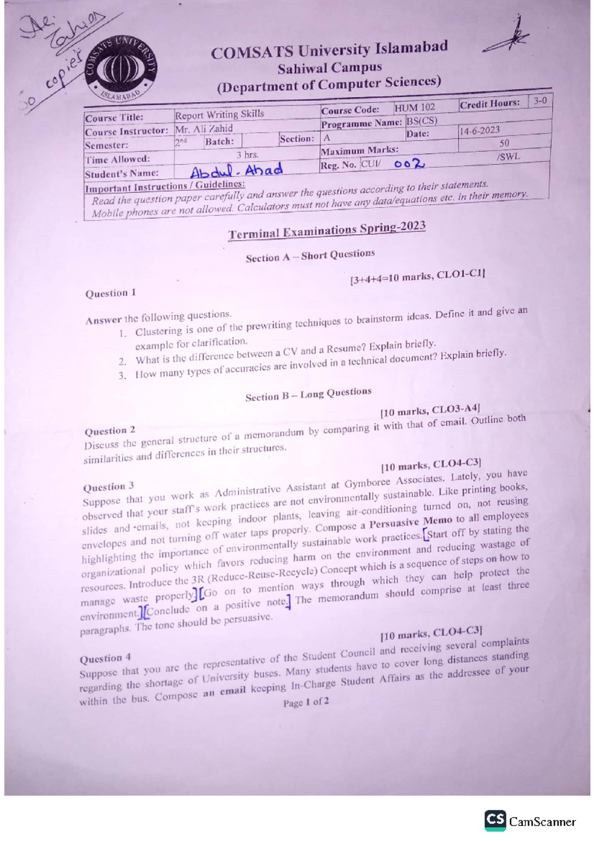 RWS - Terminal FA22 - HUM102 - Report Writing Skills - CamScanner ...