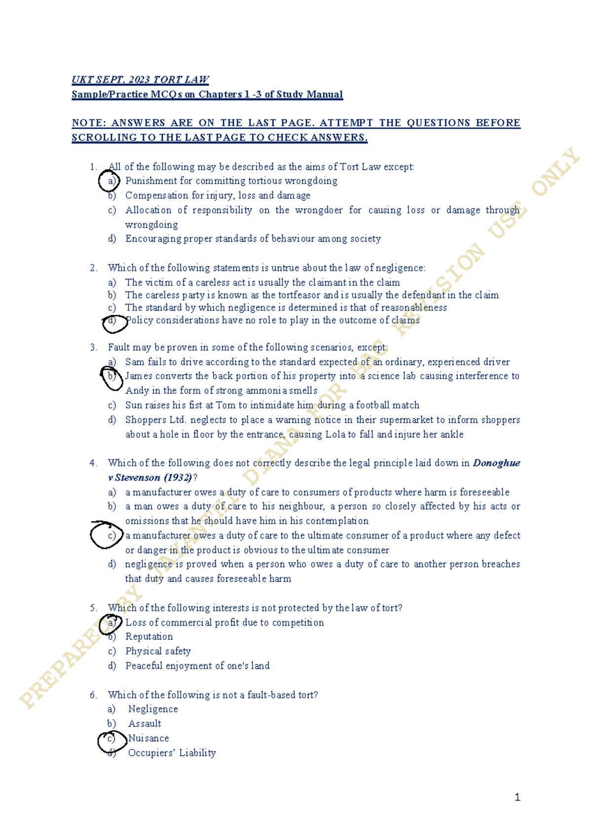 Uktsept 2023 Tort Law Practice MCQs - UKT SEPT. 2023 TORT LAW Sample ...
