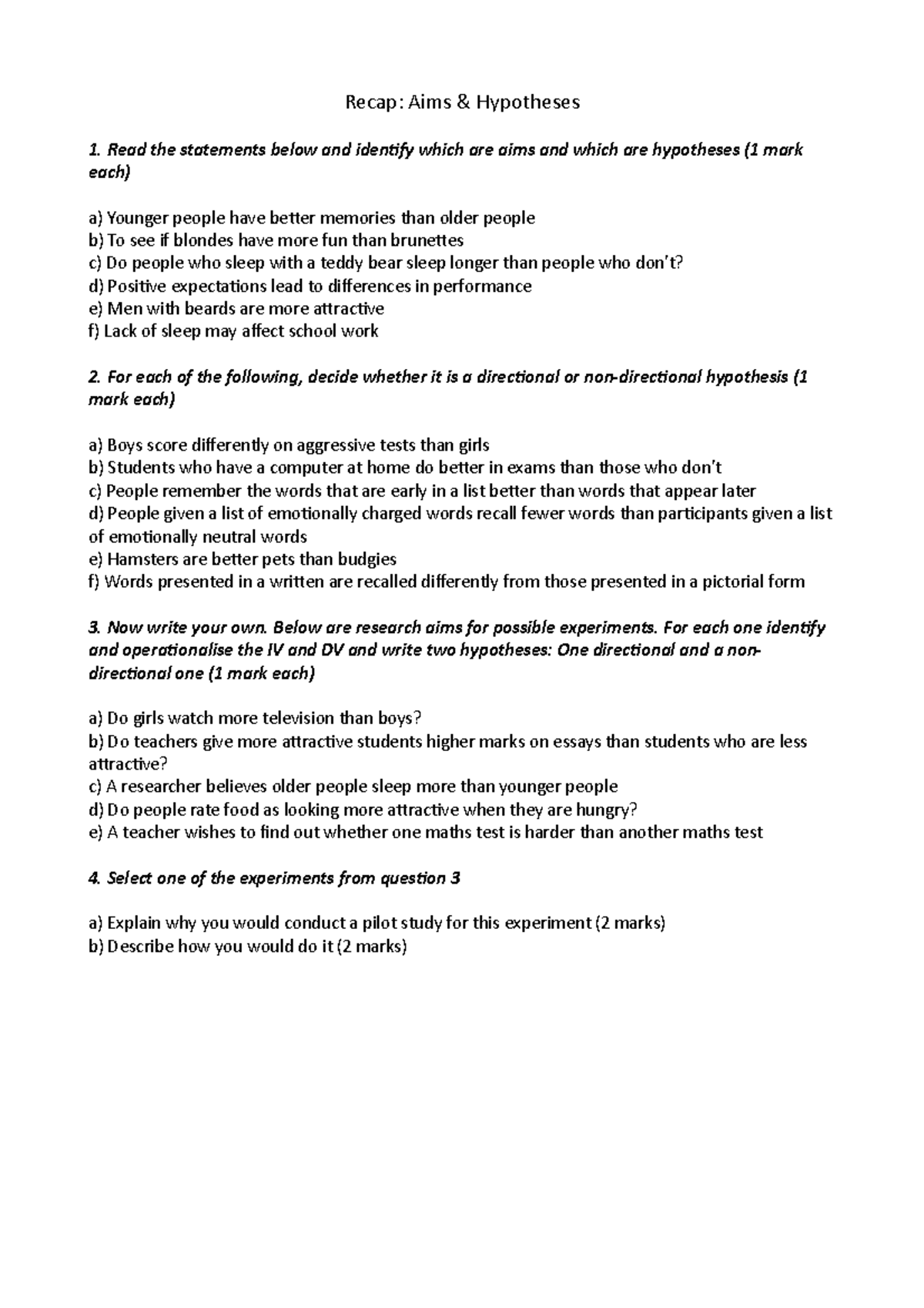 Starter - practise - Recap: Aims & Hypotheses 1. Read the statements ...