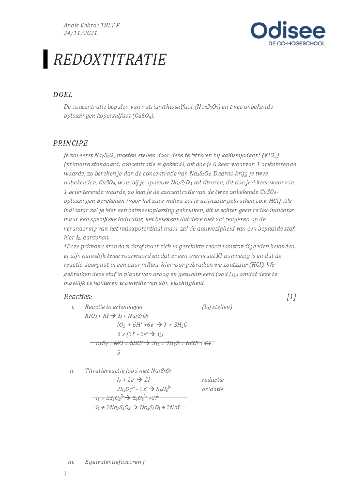 Verslag redoxtitratie natriumthiosulfaat - 24/11/ REDOXTITRATIE DOEL De ...