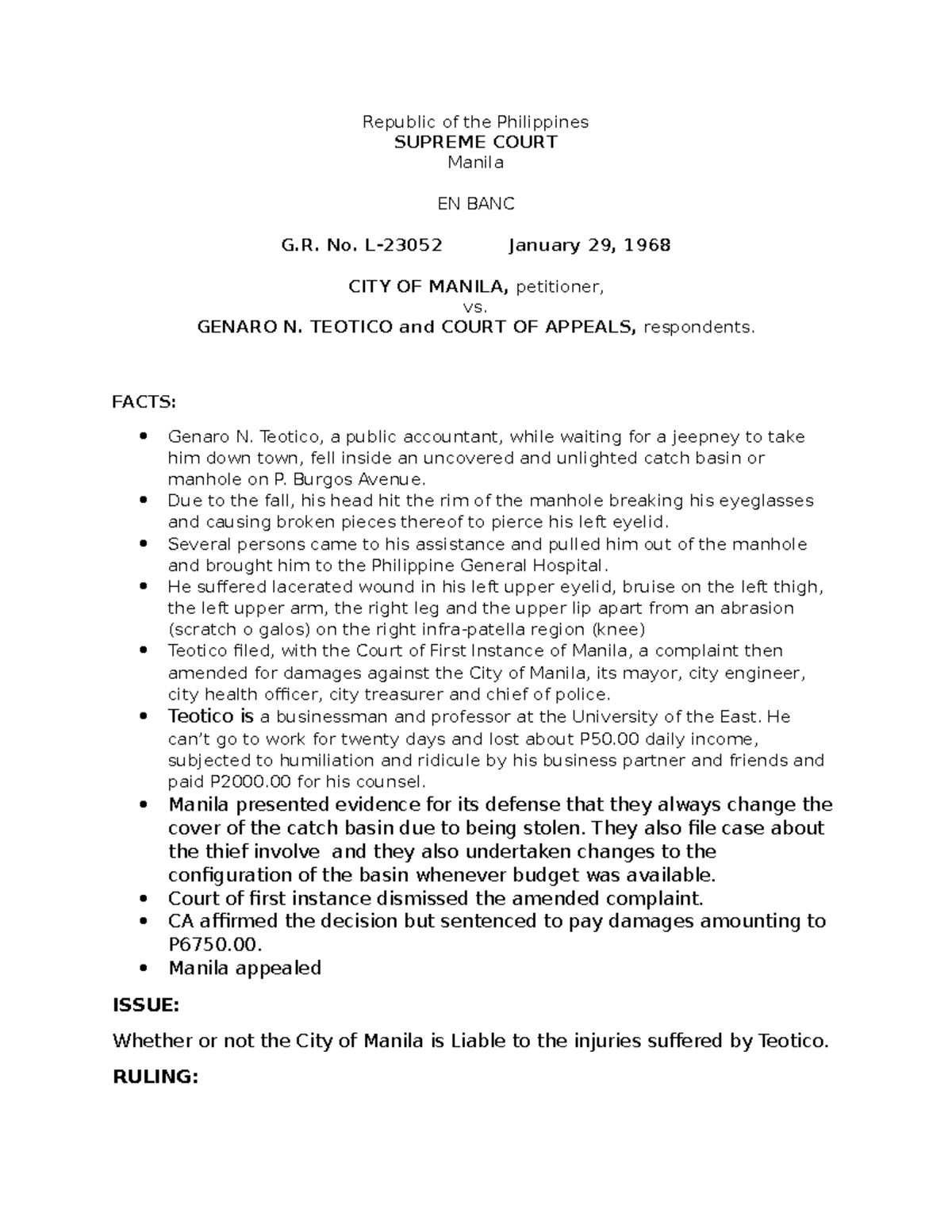 CASE- Manila-V- Teotico-CASE- Digest - Republic of the Philippines ...