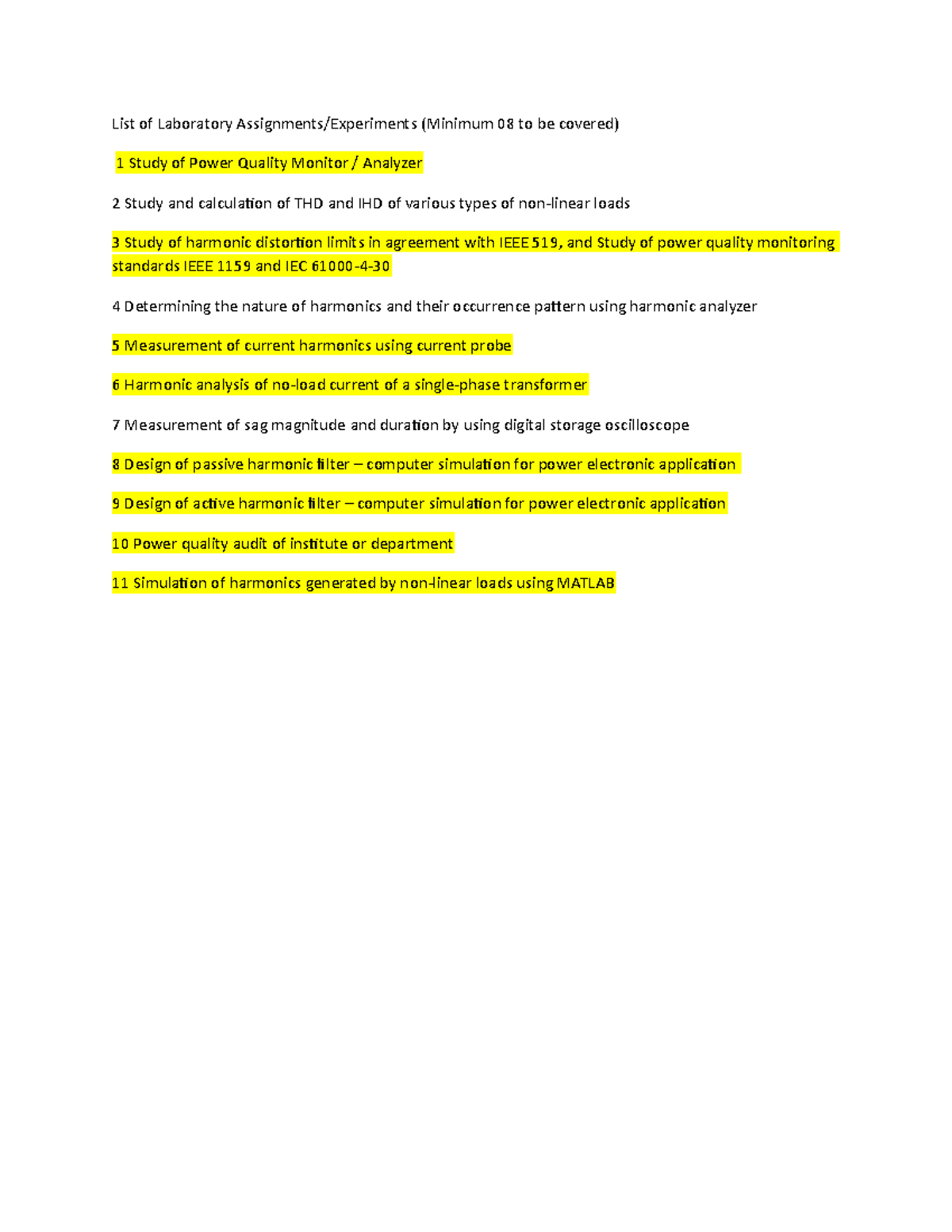 List of Laboratory expt - List of Laboratory Assignments/Experiments (Minimum 08 to be covered ...