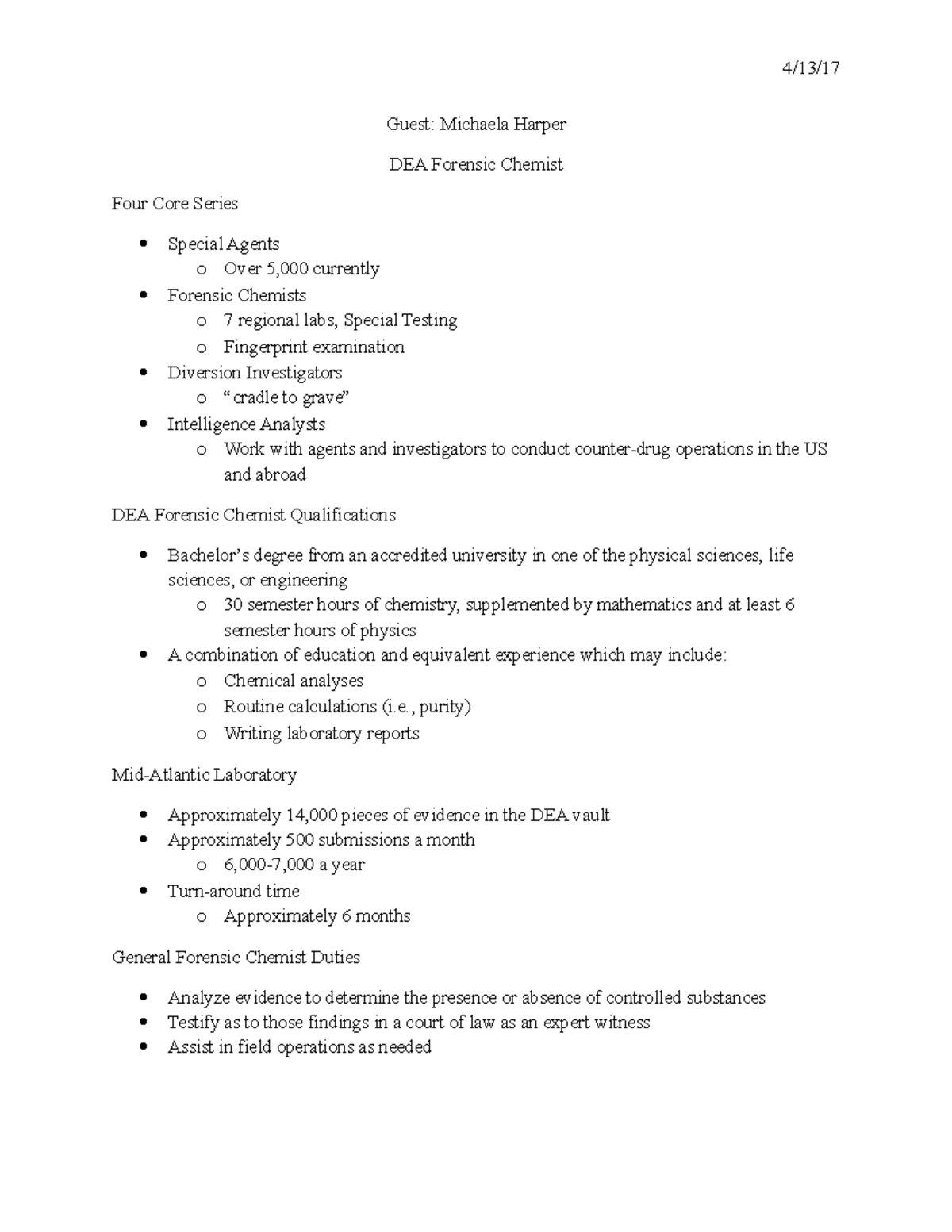 Guest Speaker, DEA Forensic Chemist - 4/13/17 Guest: Michaela Harper ...